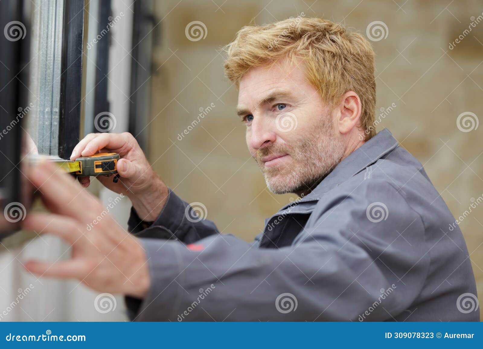 Service Man Installing Window with Measure Tape Stock Image - Image of ...