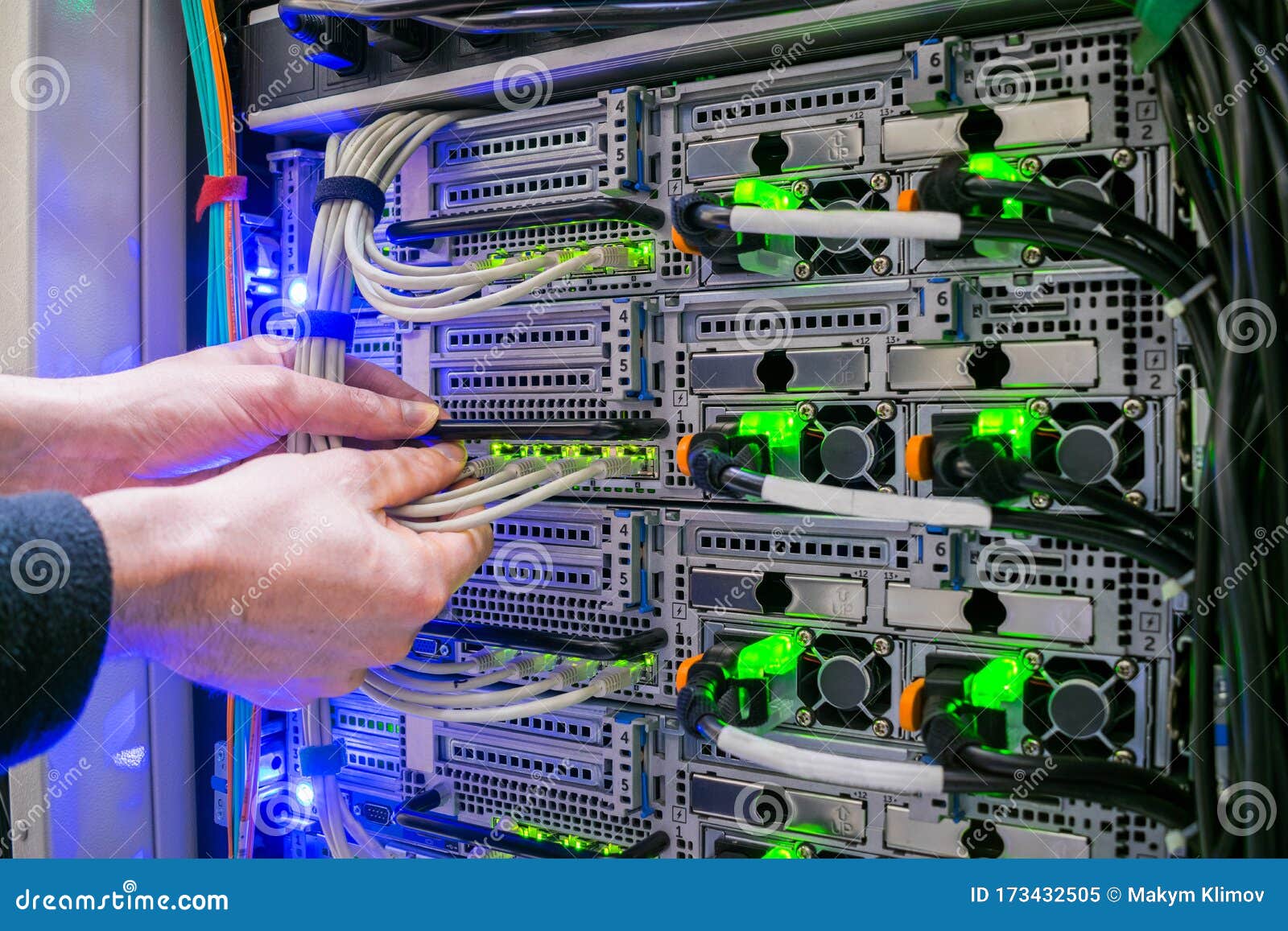 Service Work in the Datacenter Server Room. the Hand of a Technician ...