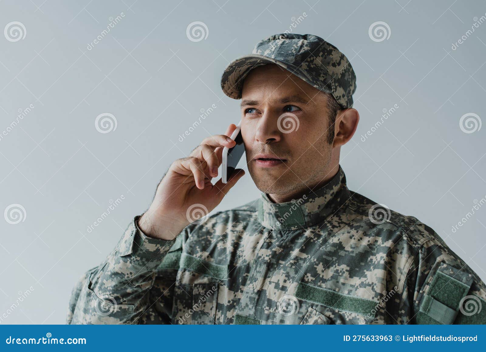 Serviceman in Cap and Army Uniform Stock Image - Image of call, device ...