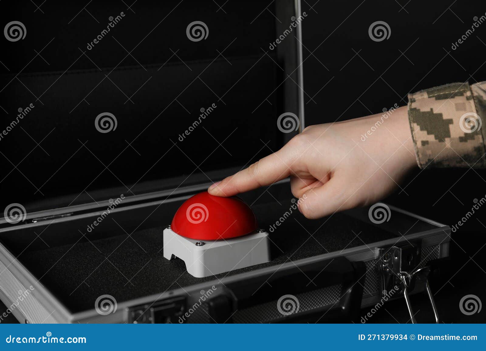 Serviceman Pressing Red Button of Nuclear Weapon at Black Table ...