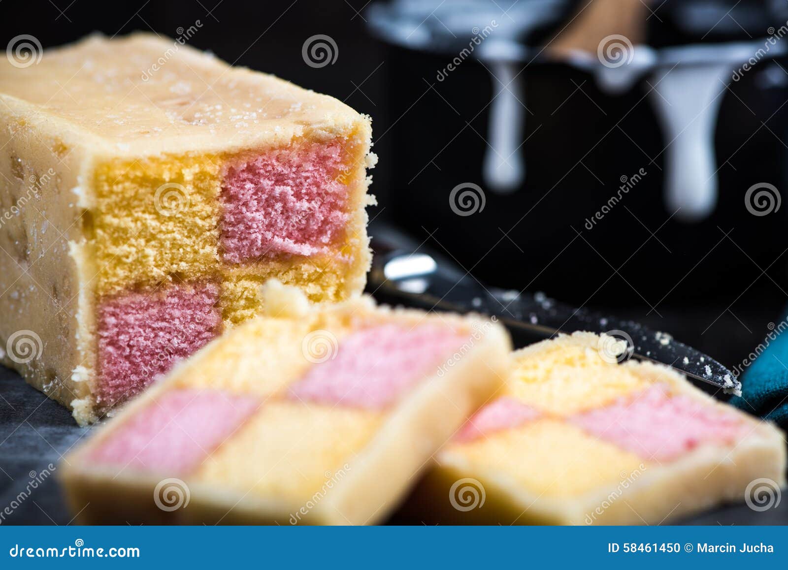 Serving Battenberg Checked Cake Stock Photo - Image of snack, rustic ...