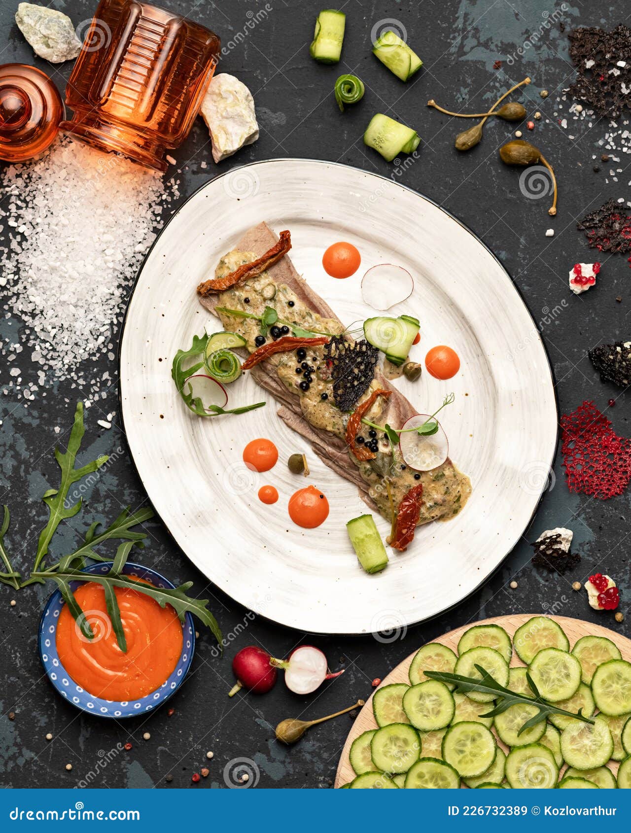 Serving Cold Meat Cuts. Platter with Festive Appetizer on Gray Table ...