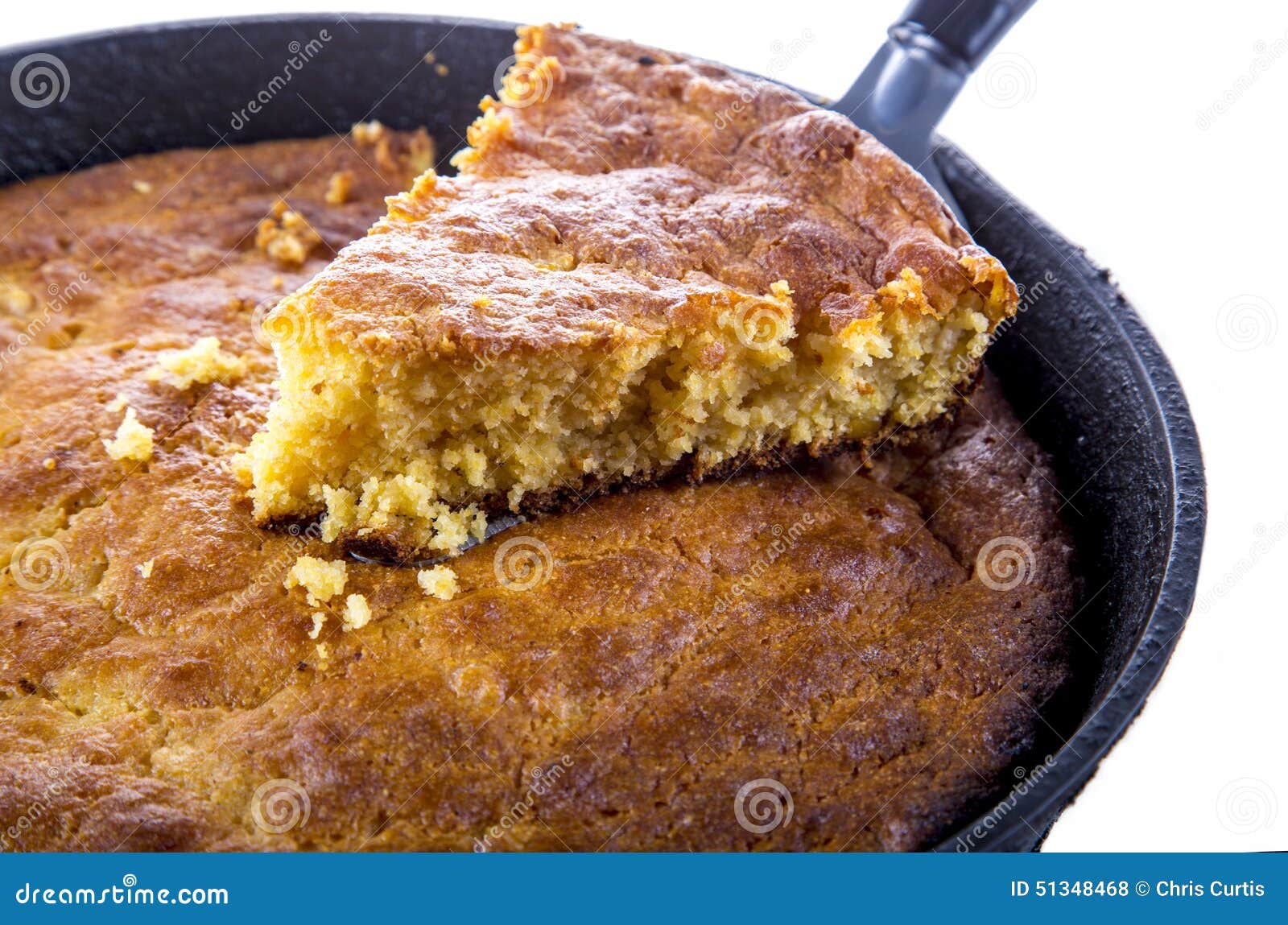Serving Corn Bread in Cast-Iron Pan Isolated on White Stock Photo ...