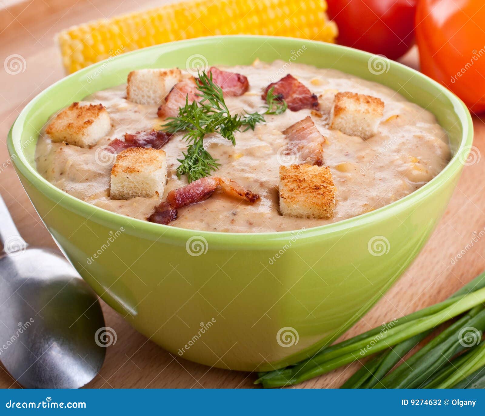 Serving of Corn Cream Soup Puree Stock Photo - Image of fried, light ...