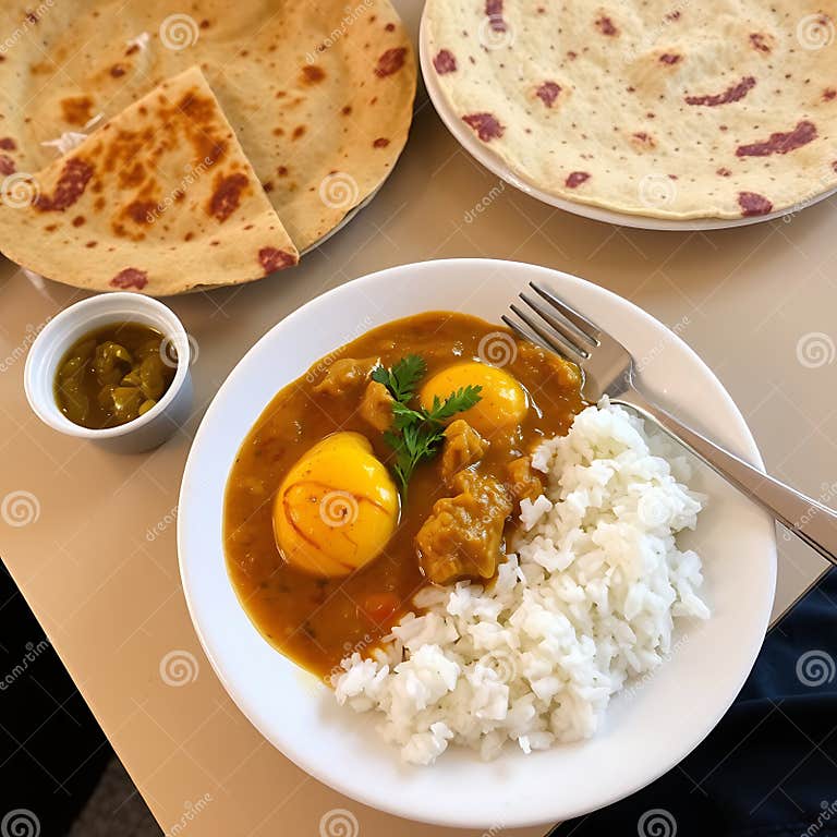 A Serving of Egg Curry with Rice, Roti, and a Side of Pickle on a ...