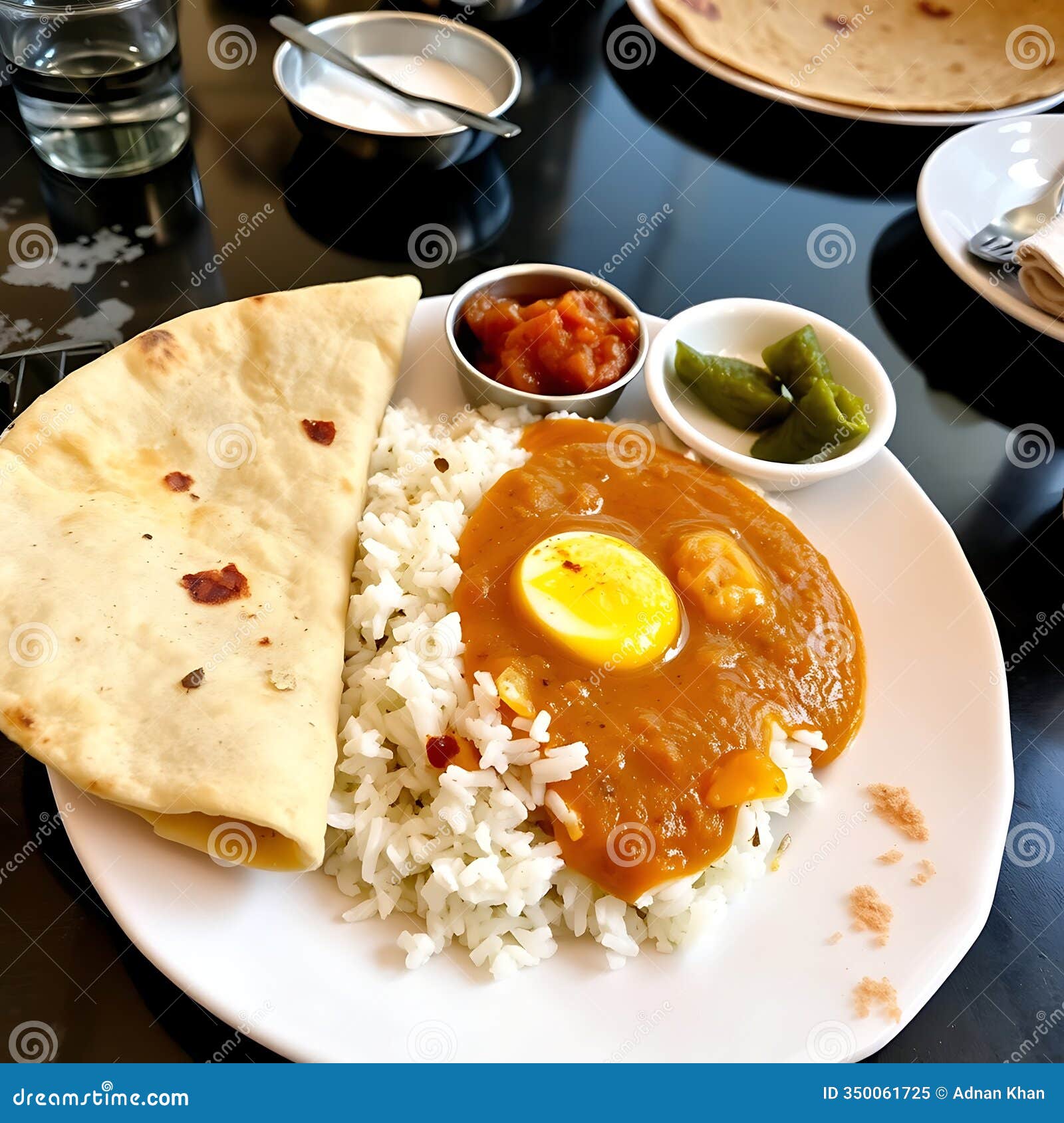 A Serving of Egg Curry with Rice, Roti, and a Side of Pickle on a ...