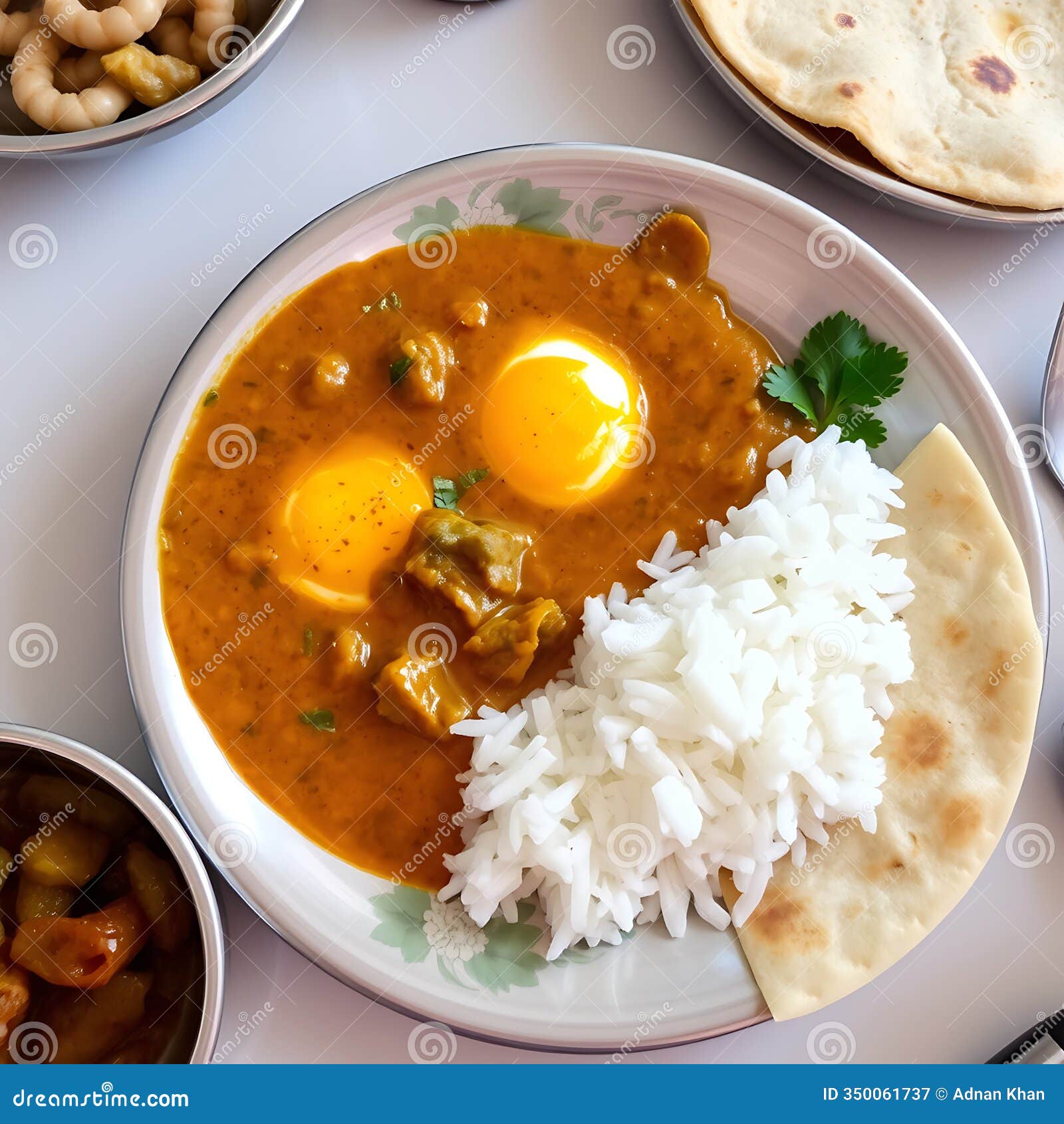 A Serving of Egg Curry with Rice, Roti, and a Side of Pickle on a ...