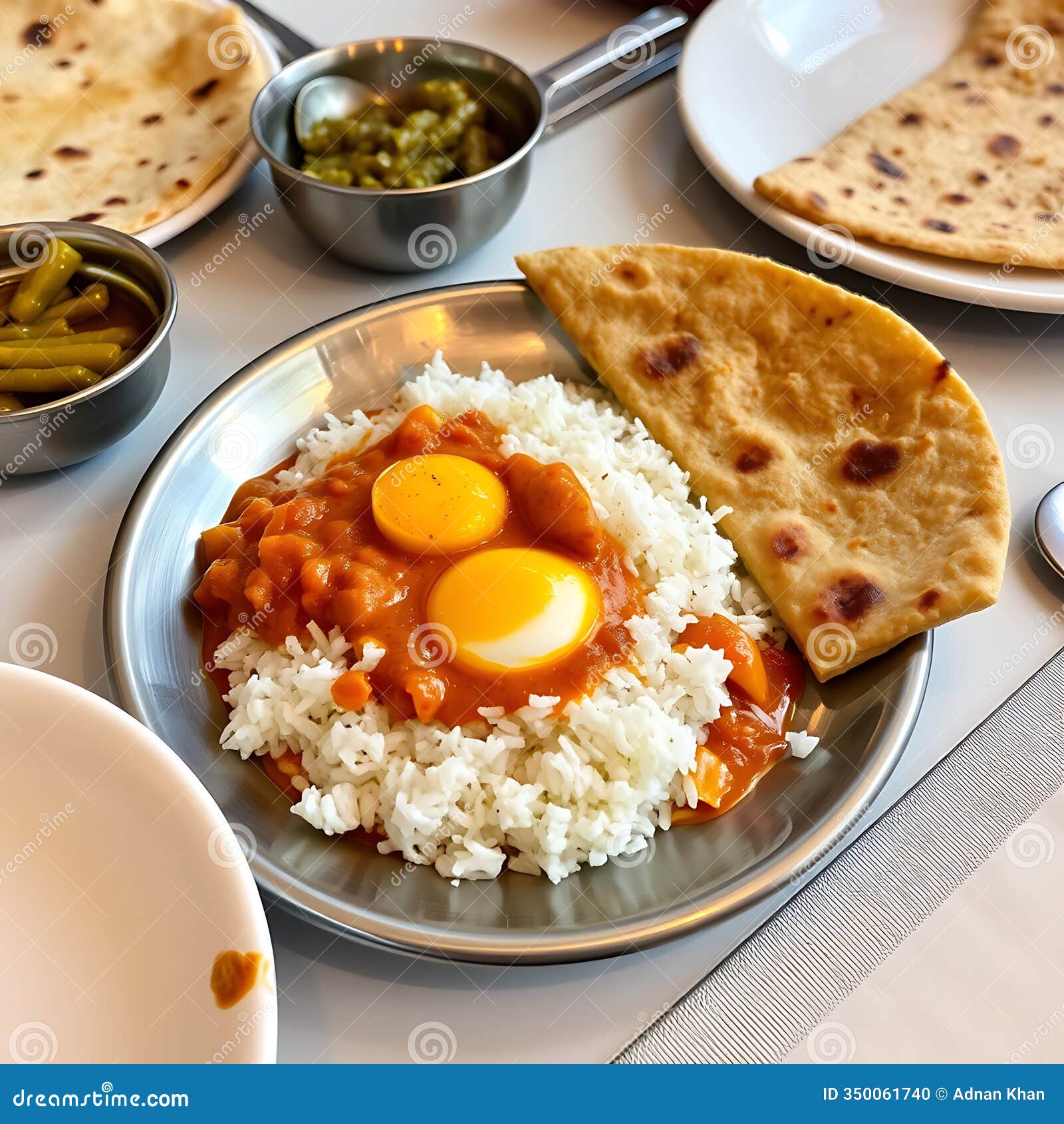 A Serving of Egg Curry with Rice, Roti, and a Side of Pickle on a ...