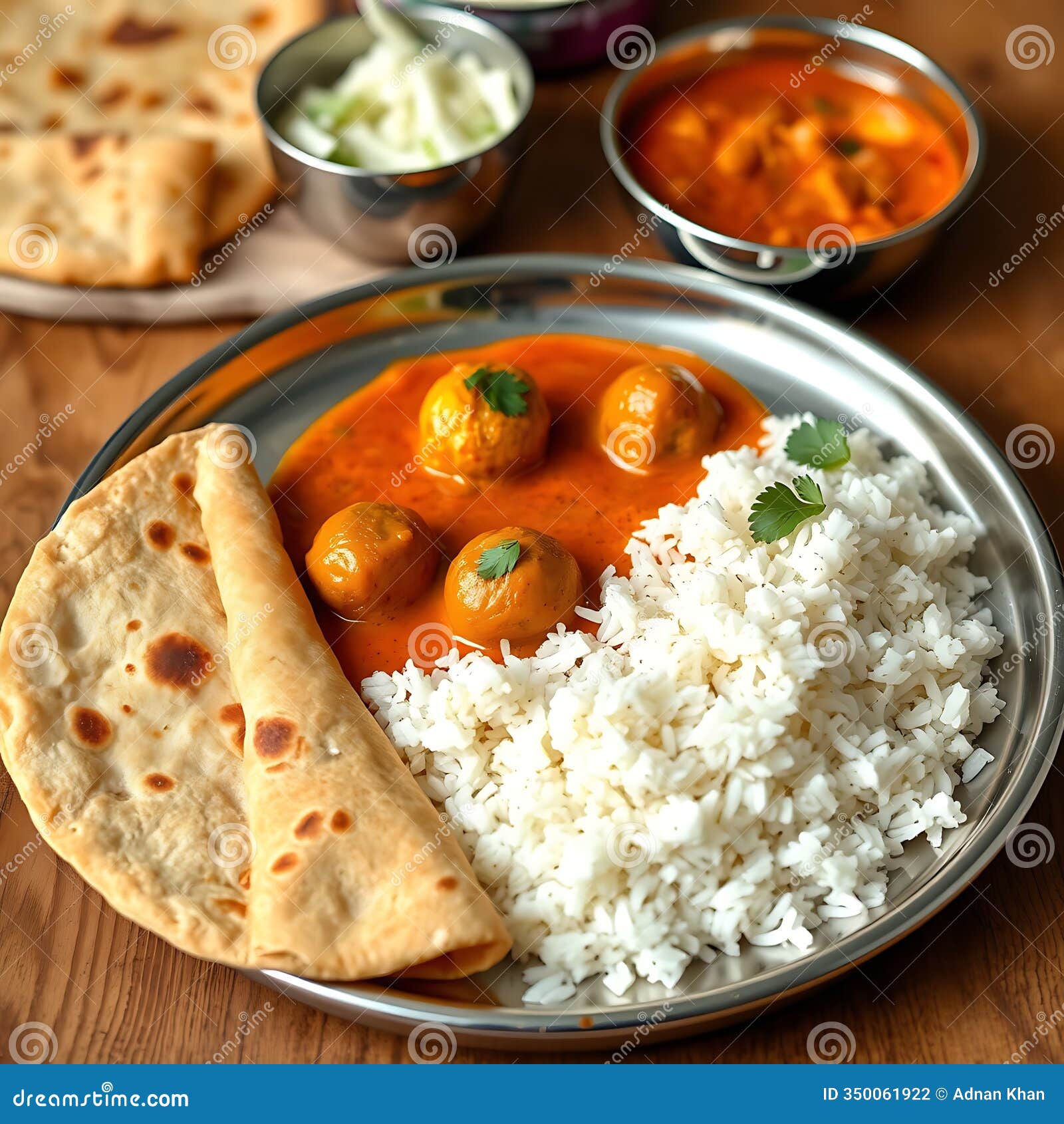 A Serving of Kofta Curry with Roti and Rice, Placed on a Traditional ...