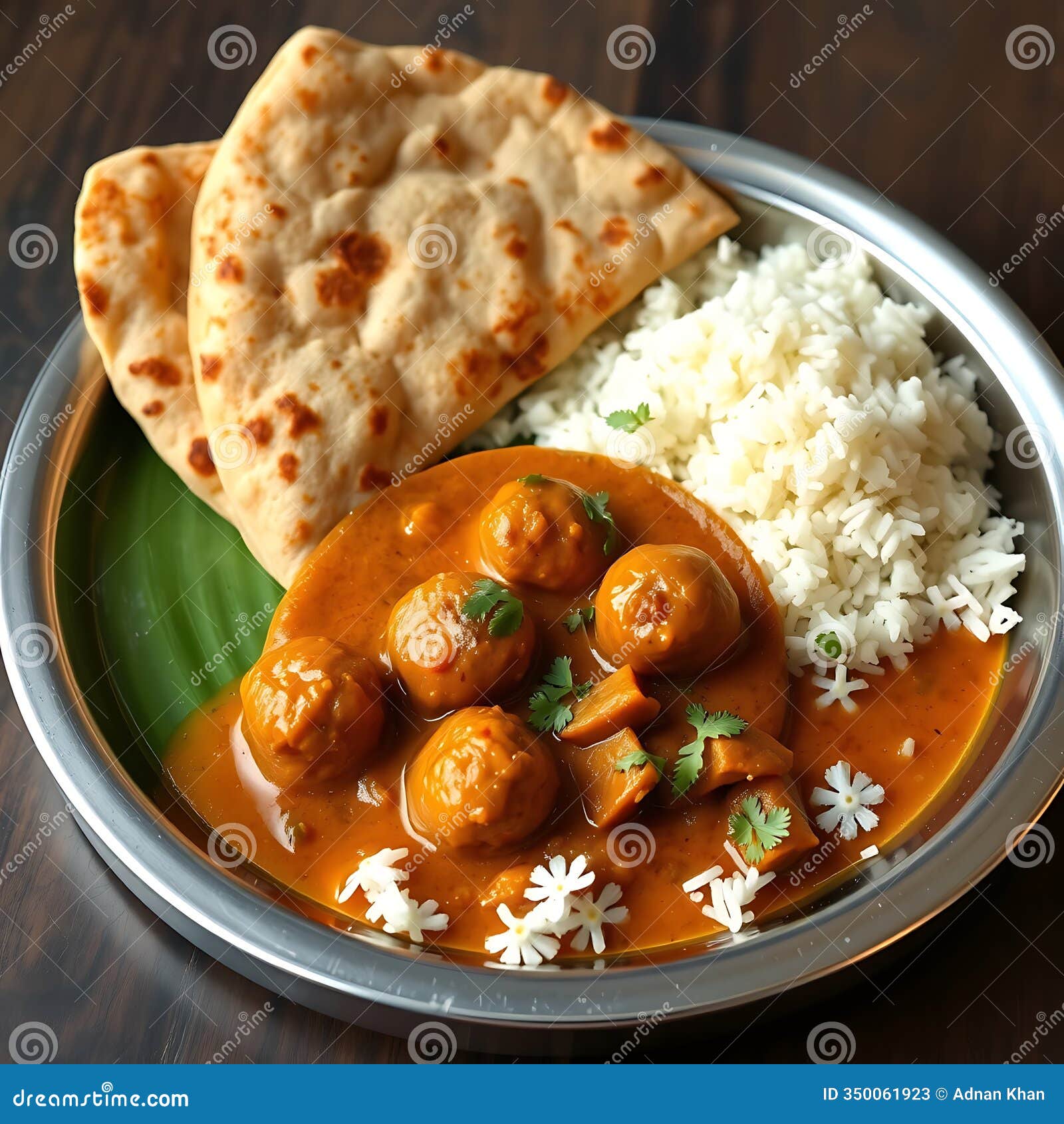 A Serving of Kofta Curry with Roti and Rice, Placed on a Traditional ...