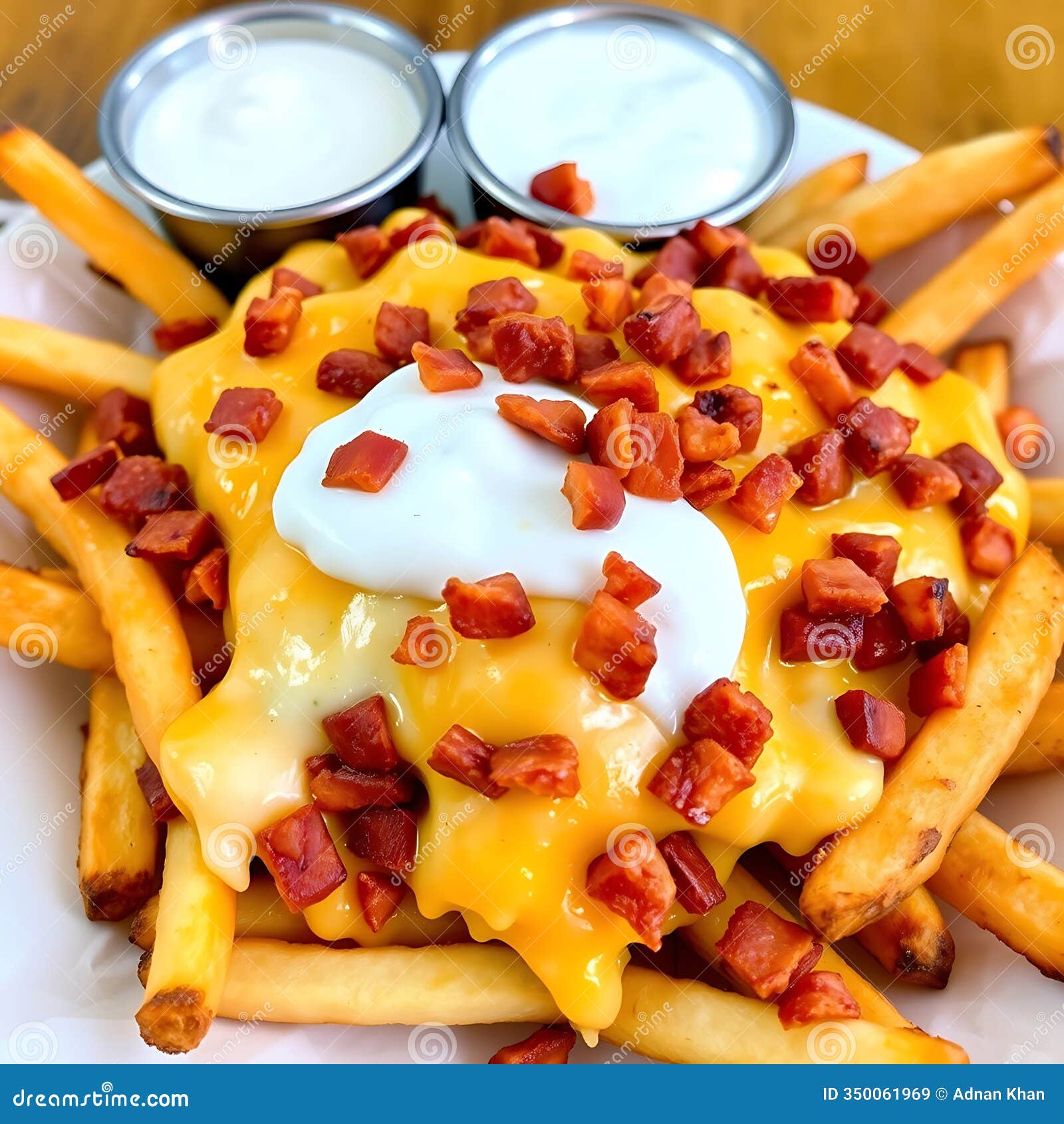 A Serving of Loaded Fries with Melted Cheese, Bacon Bits, and a Side of ...