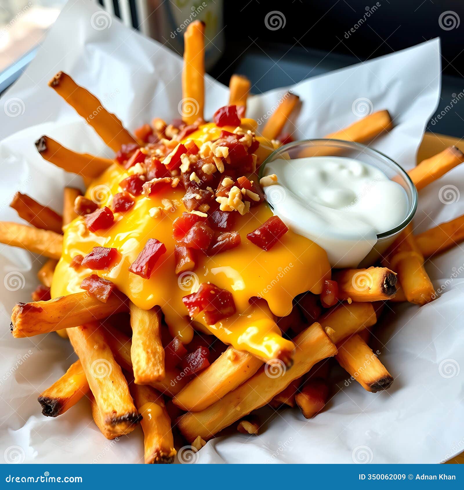 A Serving of Loaded Fries with Melted Cheese, Bacon Bits, and a Side of ...