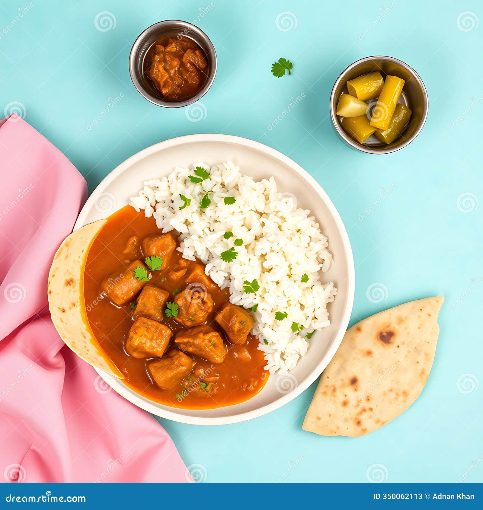 A Serving of Mutton Curry with Rice, Chapati, and a Side of Pickle on a ...