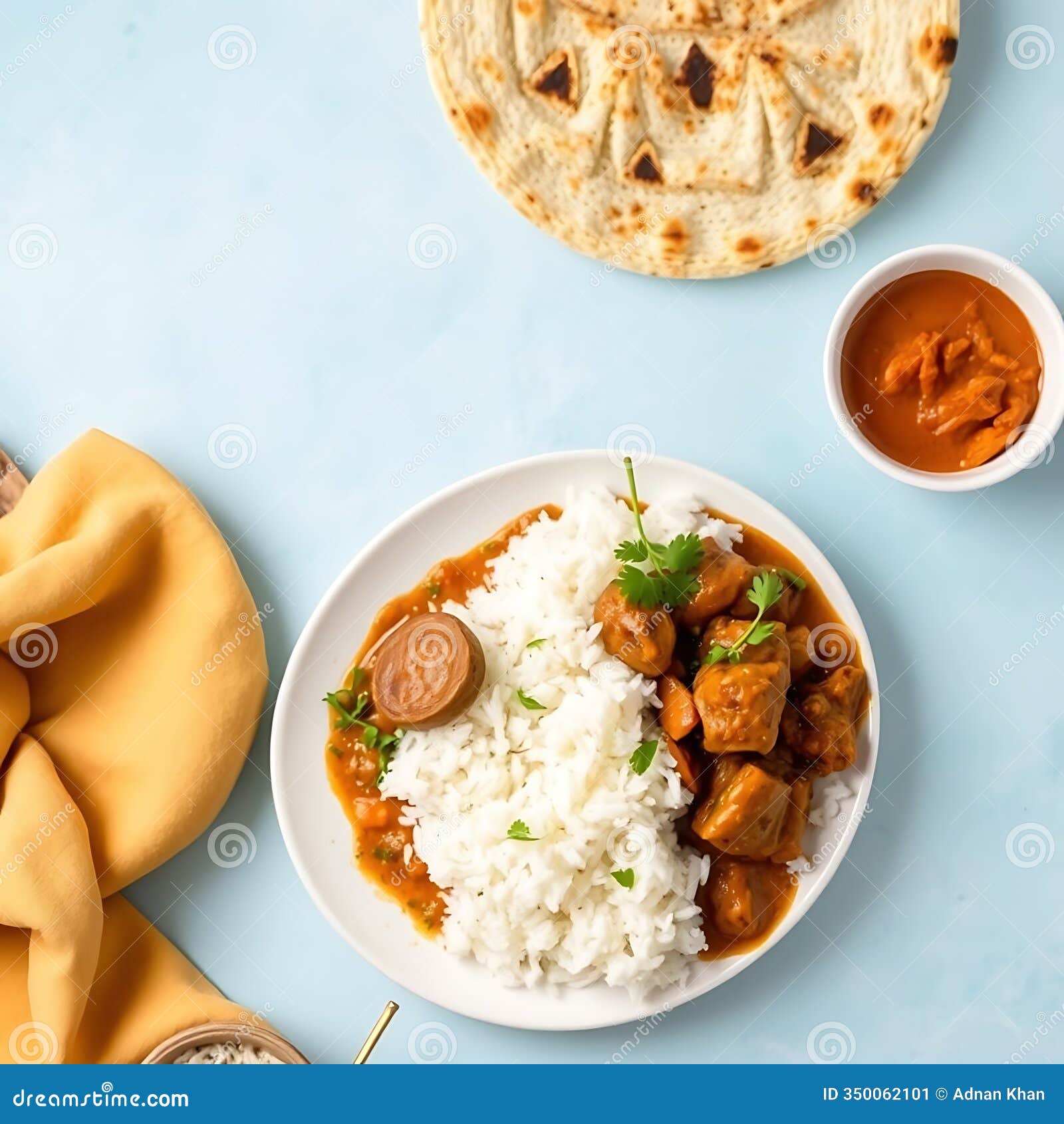 A Serving of Mutton Curry with Rice and Roti on a Pastel Blue ...