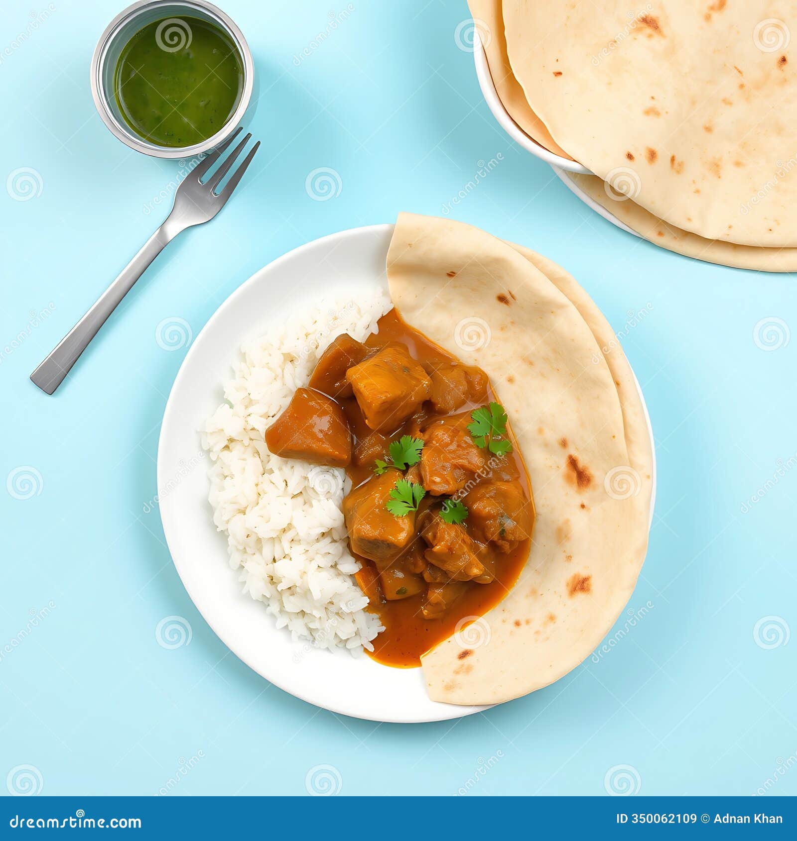 A Serving of Mutton Curry with Rice and Roti on a Pastel Blue ...