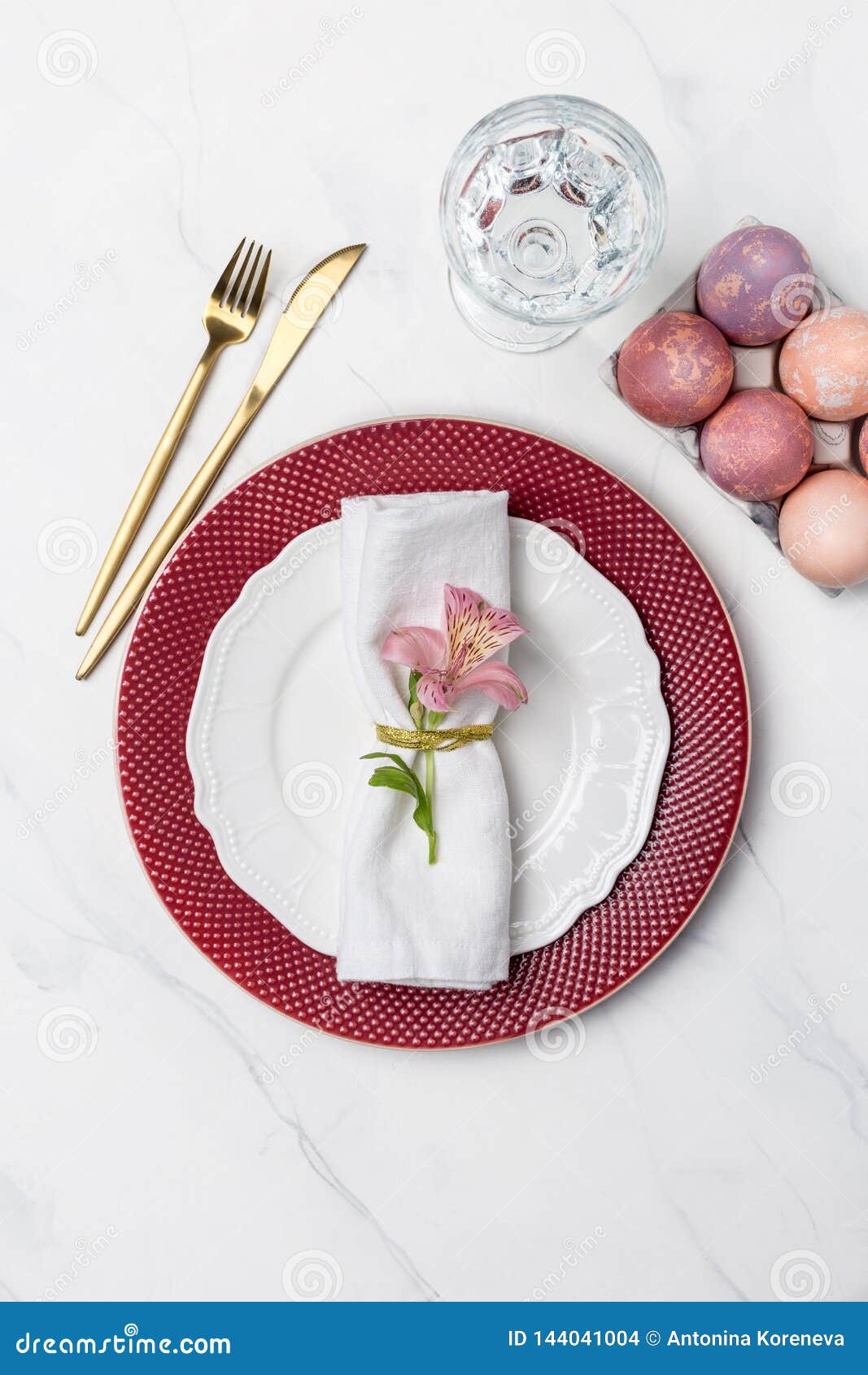 Serving Plate for Easter Breakfast with Fork, Knife and Painted Eggs on ...