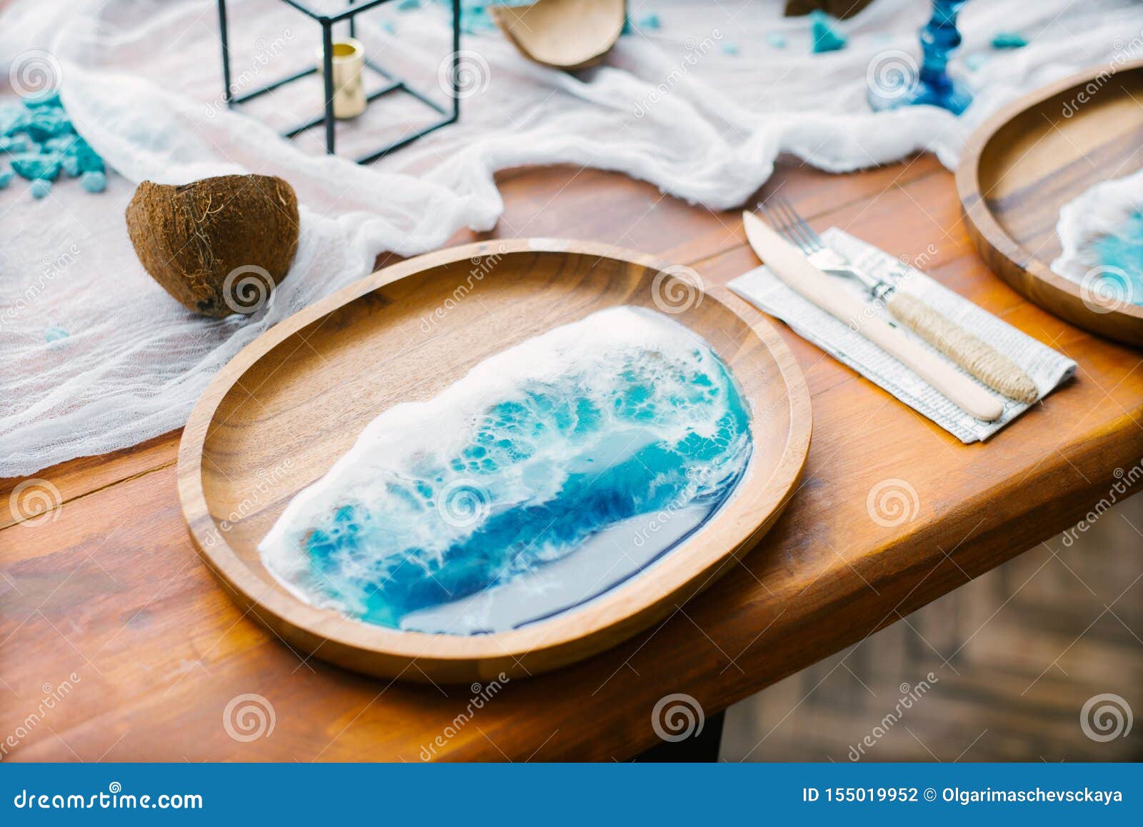 Serving Plate Made of Wood with a Pattern of Epoxy Resin Drawing of the ...