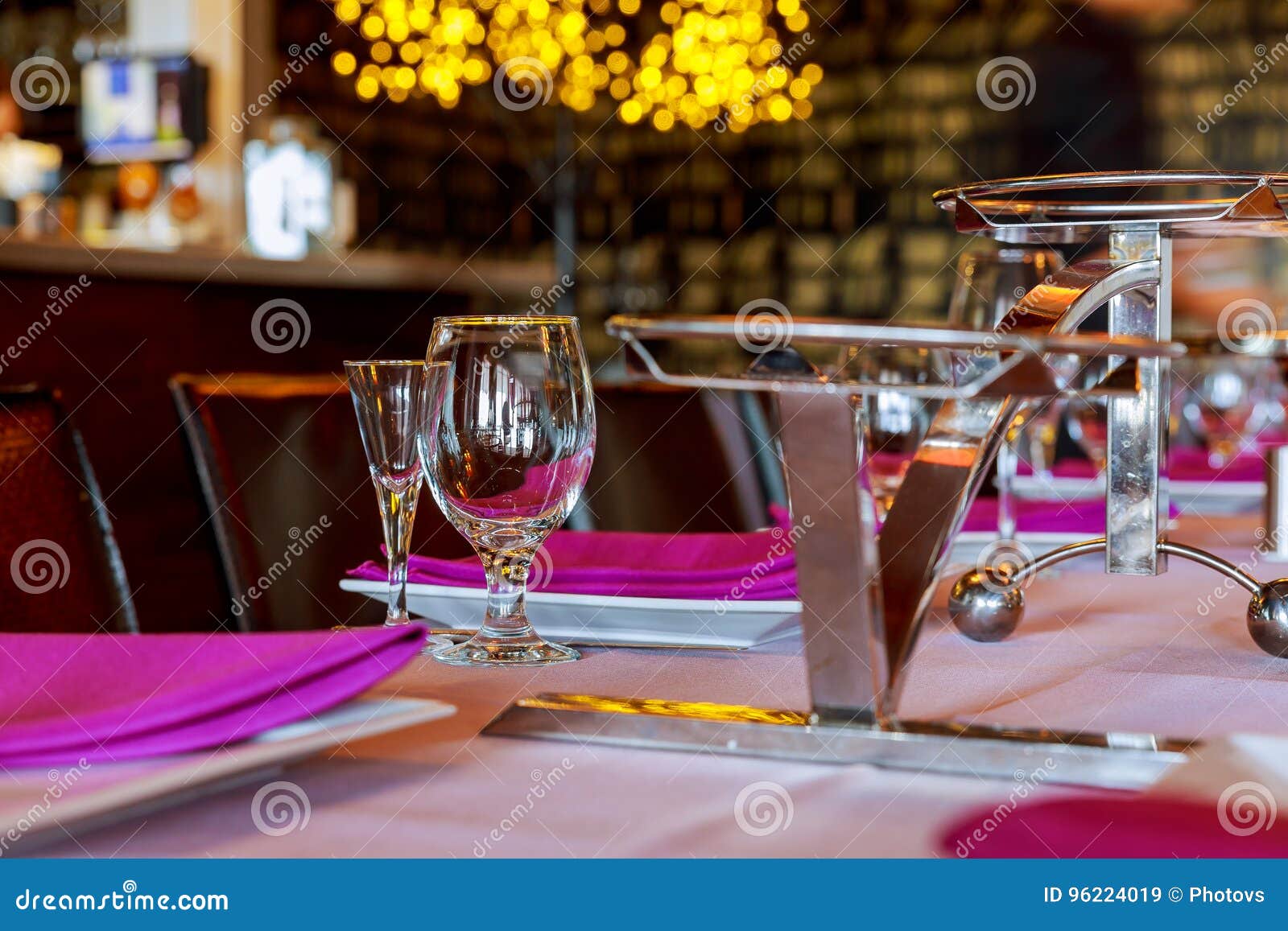 Serving Table in Restaurant with Wine Glasses and Cutlery. Stock Image ...