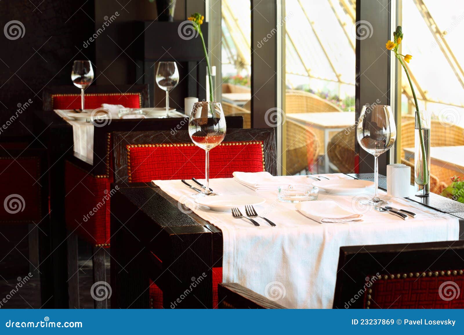 Serving at Tables and Chairs in Restaurant Stock Image - Image of empty ...