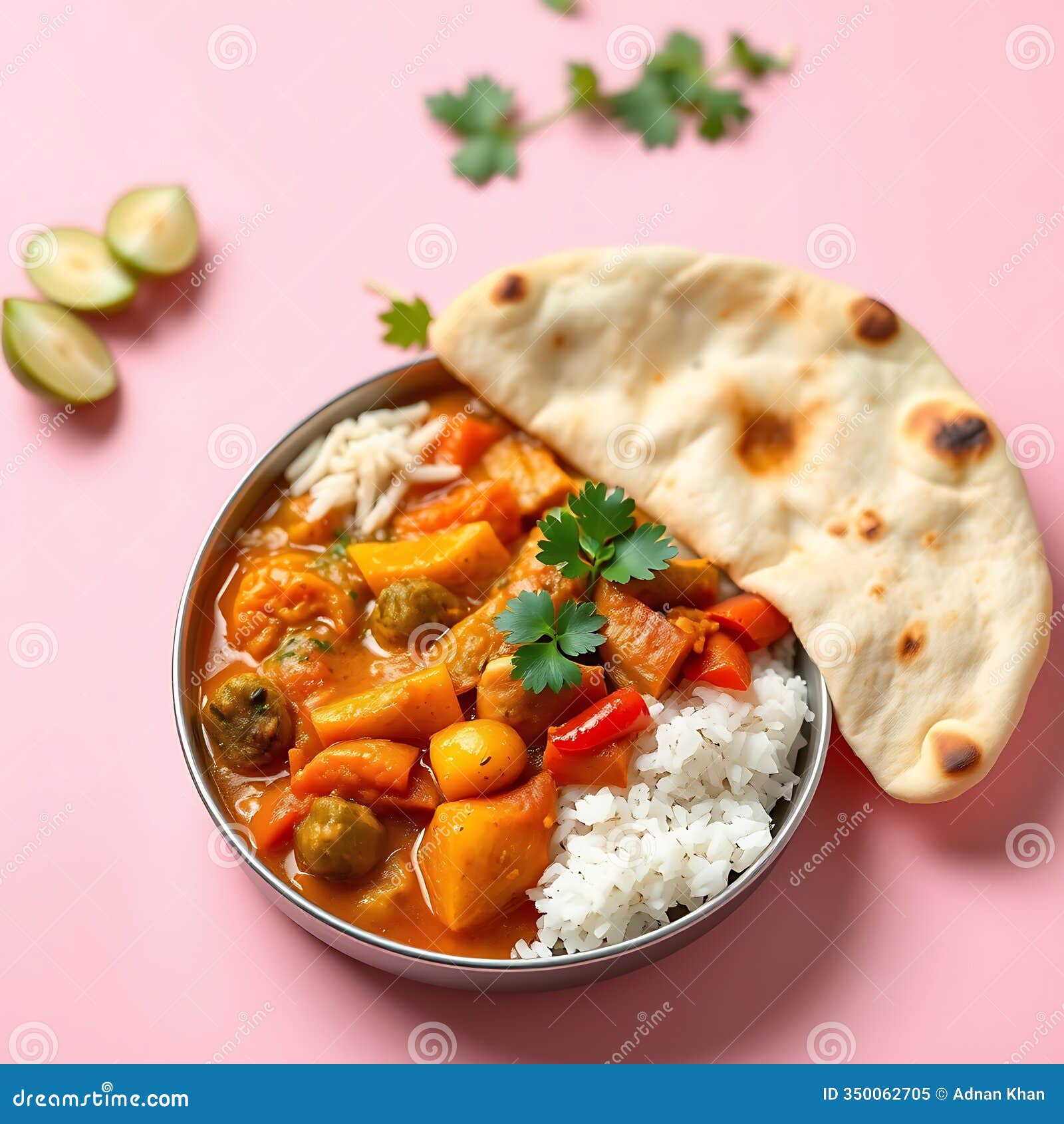 A Serving of Vegetable Curry with Rice and Naan on a Pastel Pink ...