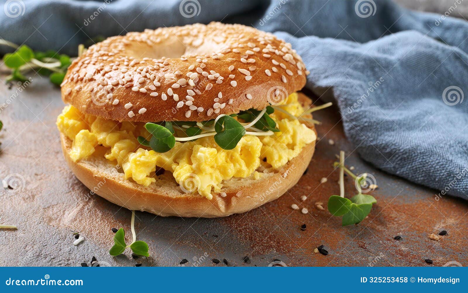 Sesame Bagel with Scrambled Eggs and Microgreens Stock Illustration ...