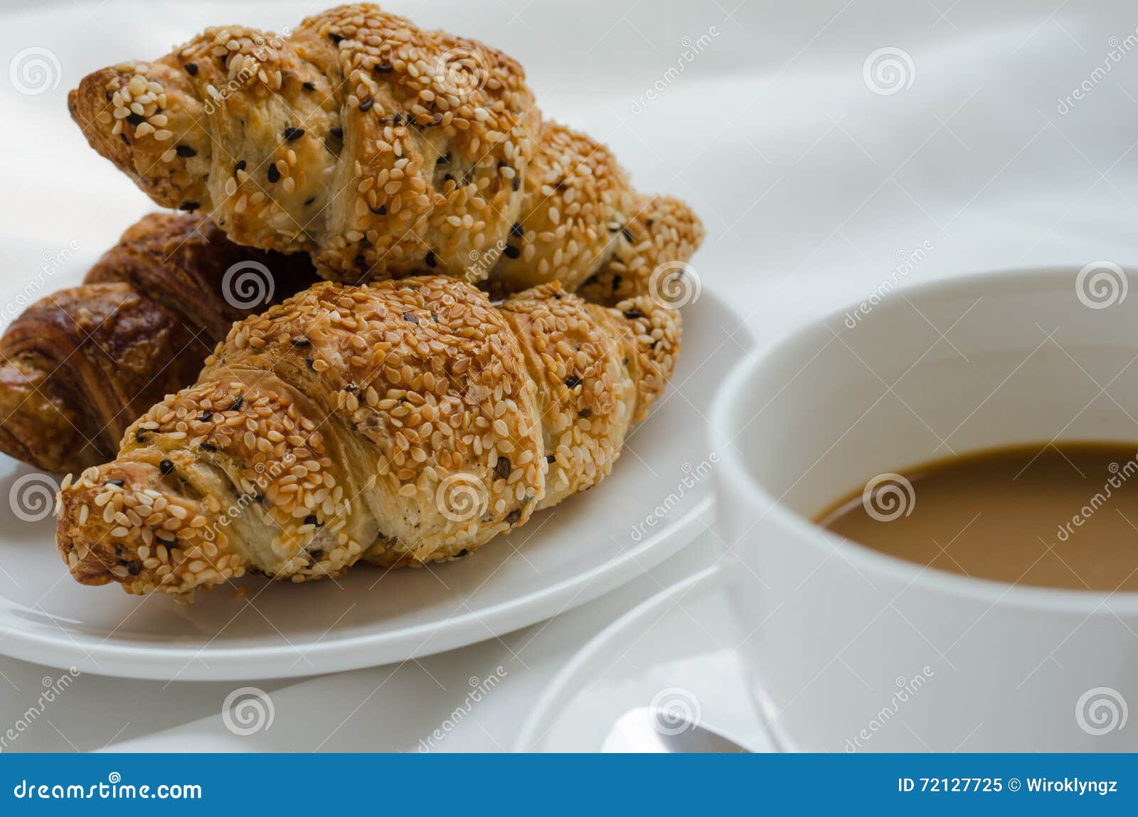 Sesame Croissant and Hot Coffee for Breakfast. Stock Image - Image of ...