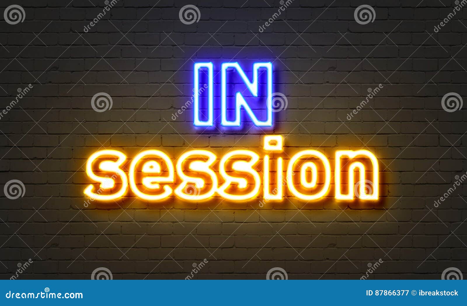 In Session Neon Sign on Brick Wall Background. Stock Illustration ...