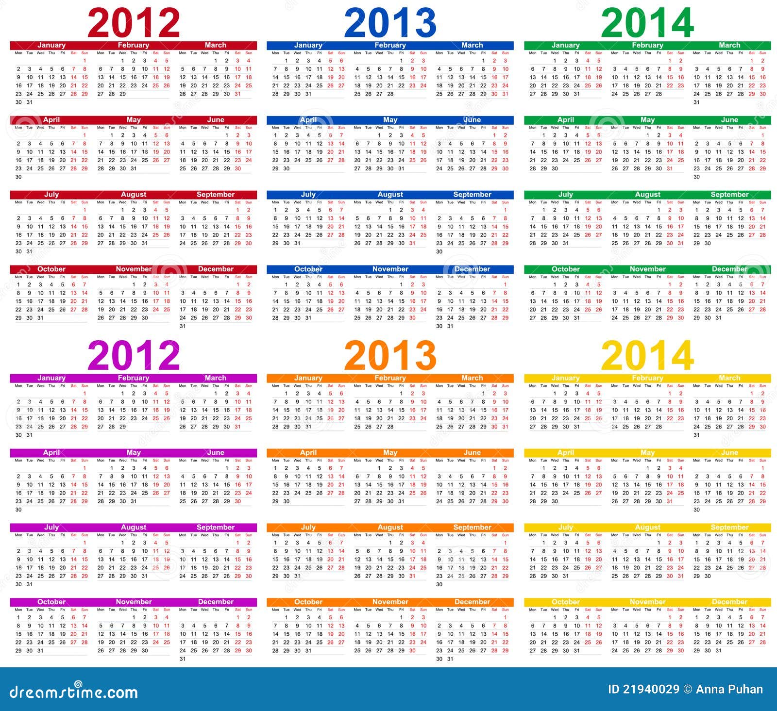 Set of 2012 - 2014 Calendar Stock Vector - Illustration of design, june ...