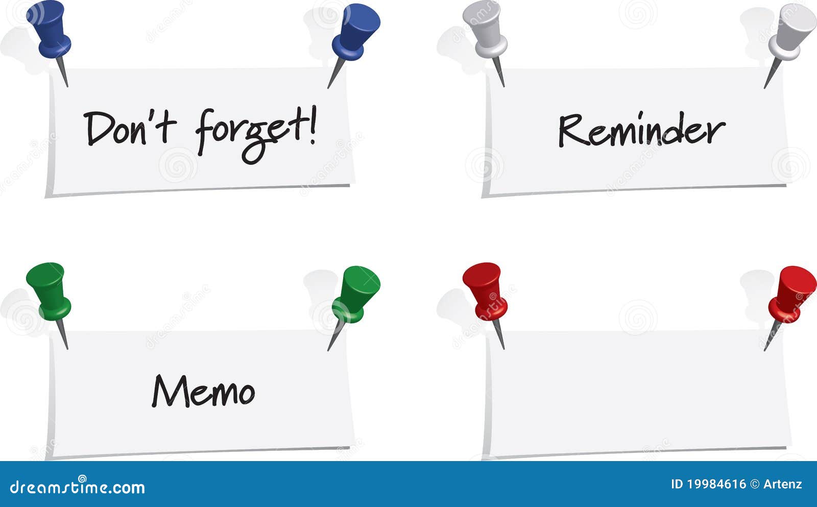 Set of 4 Memos with Push Pins Stock Illustration - Illustration of memo ...