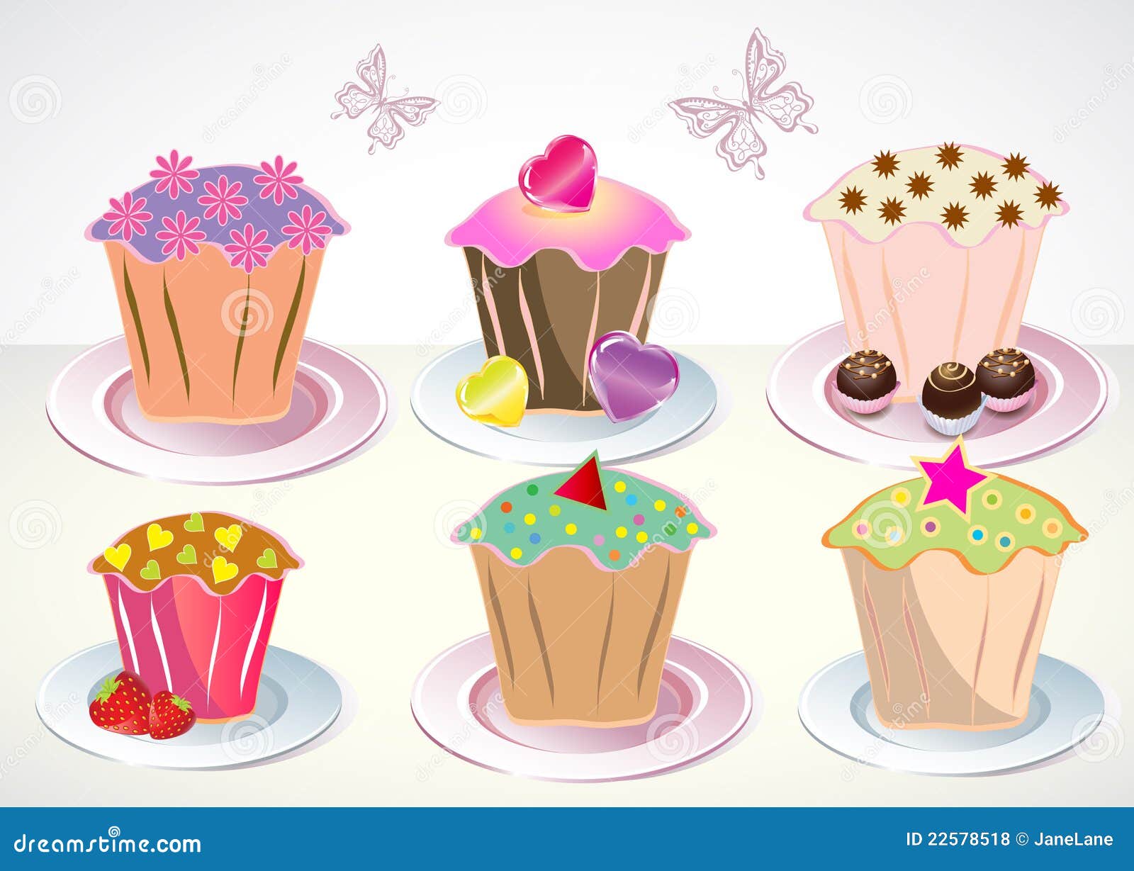 Set of 6 Cute Cupcakes on the Plates Stock Vector - Illustration of ...
