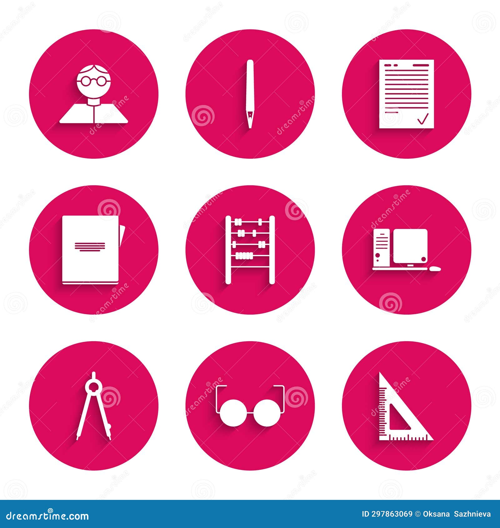 Set Abacus, Glasses, Triangular Ruler, Computer Monitor with Keyboard ...