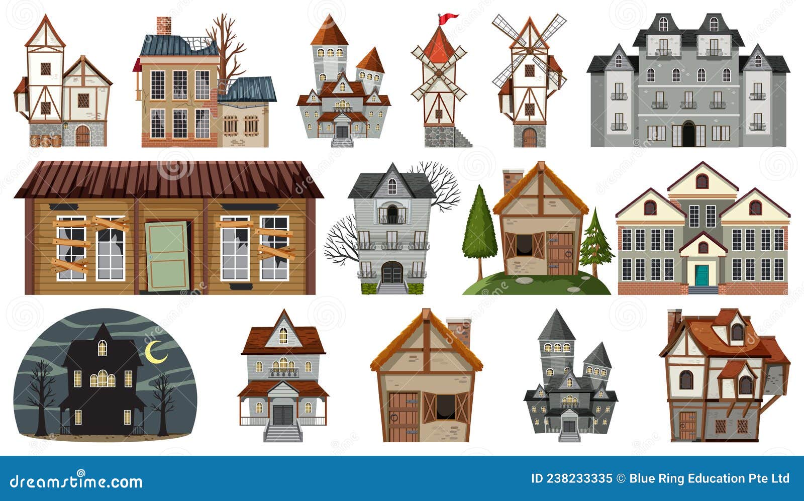 Set of Abandoned Houses and Buildings Stock Vector - Illustration of ...