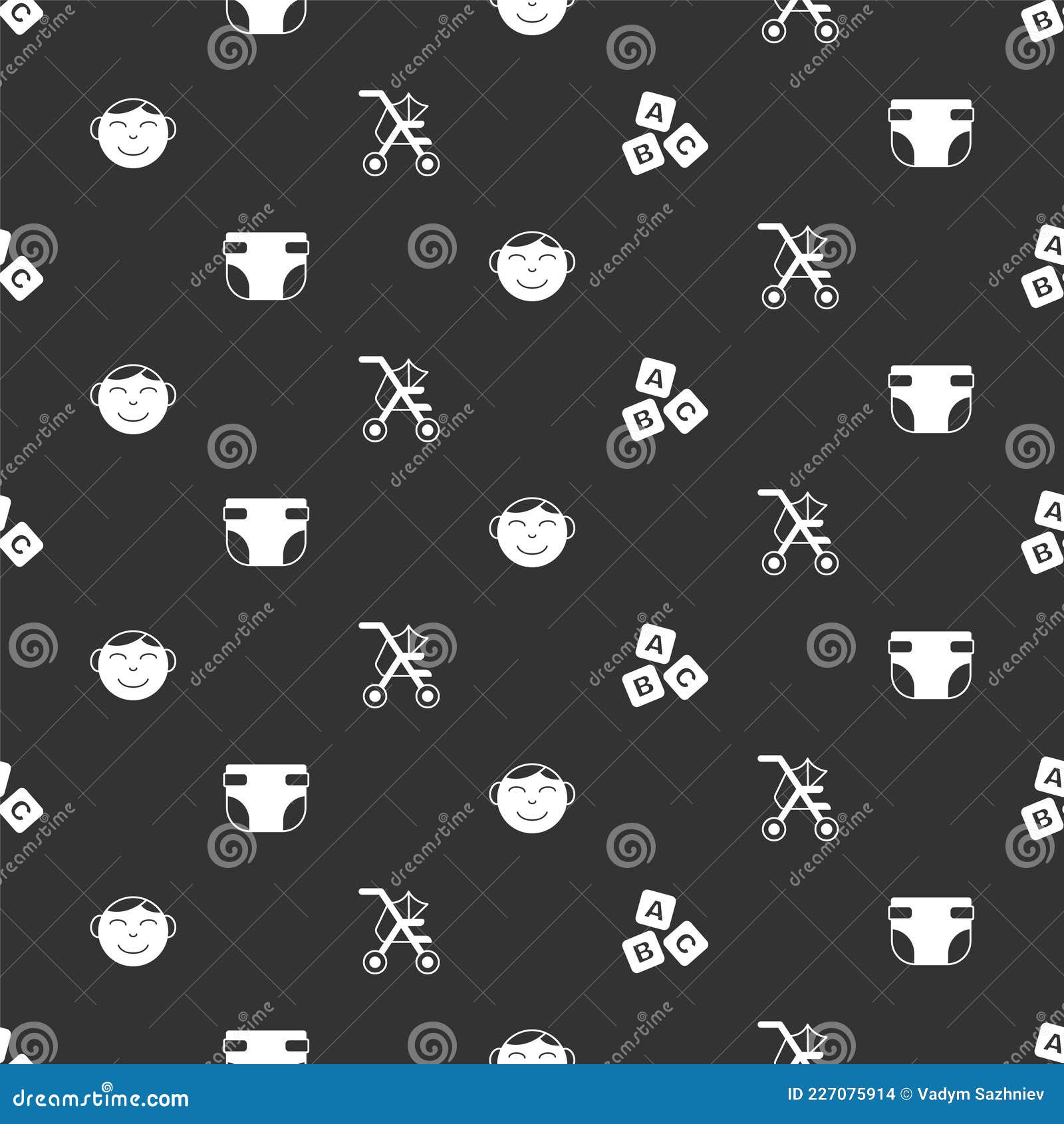 Set ABC Blocks, Baby Diaper, Little Boy Head and Stroller on Seamless ...