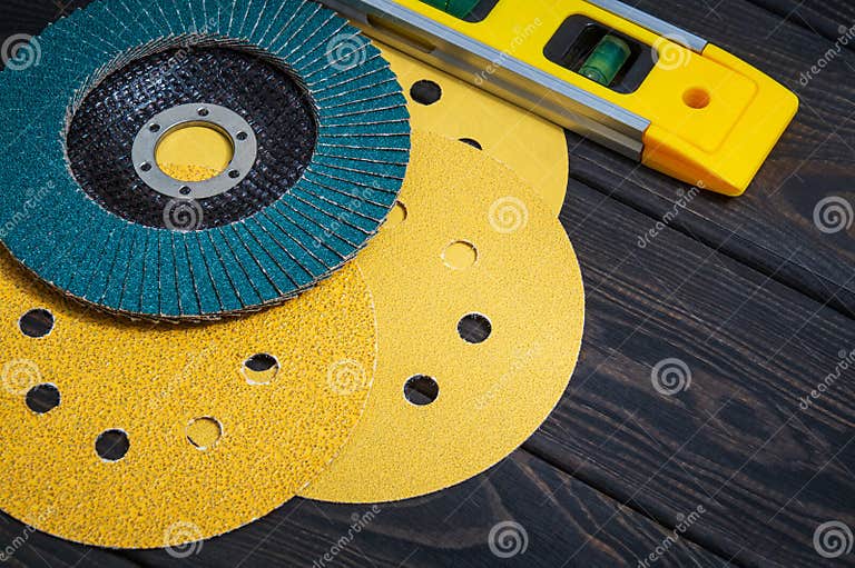 A Set of Abrasive Tools and Building Level for Cleaning or Sanding ...