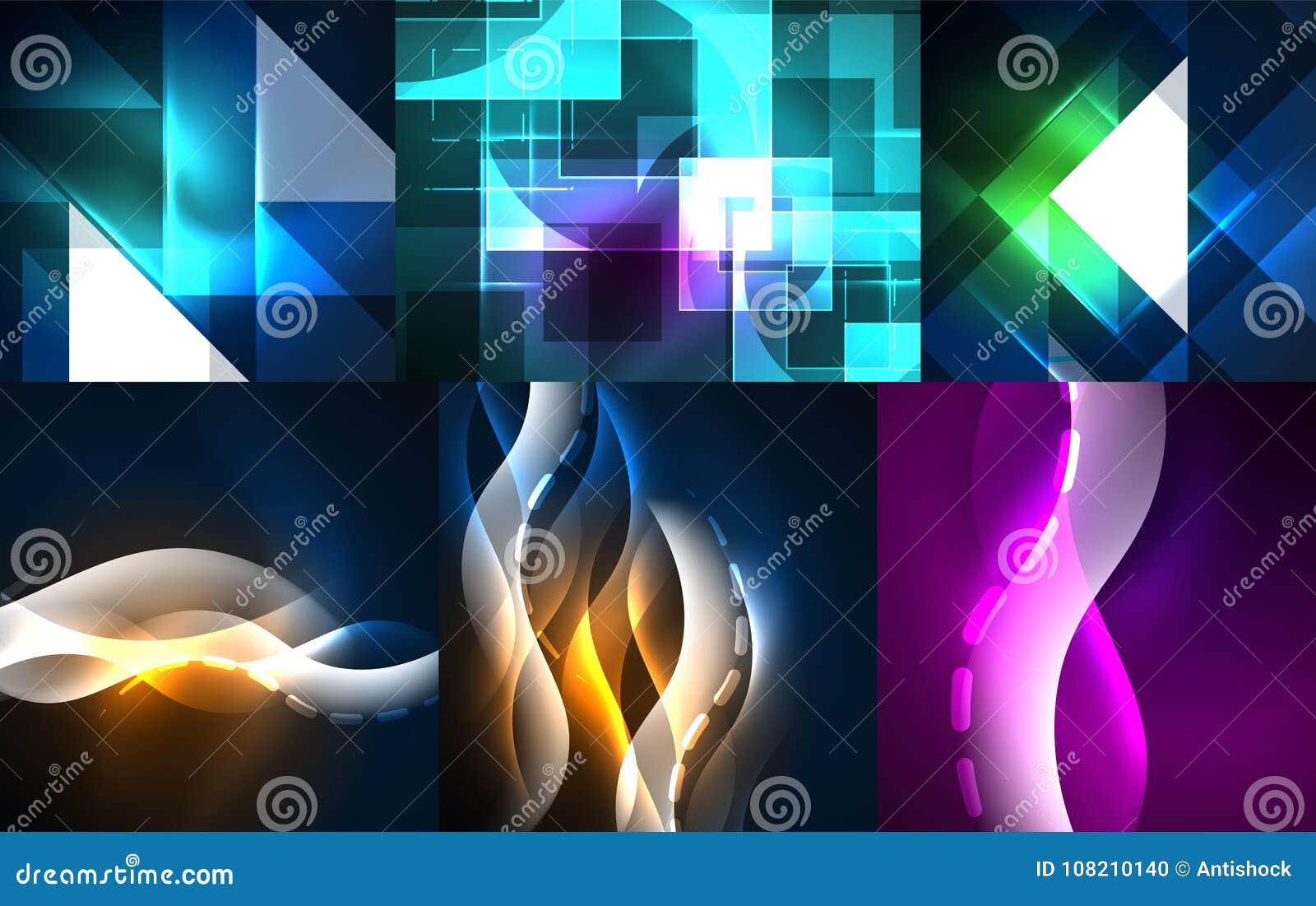 Neon Geometric Shapes - Triangles and Waves, Modern Backgrounds Stock ...