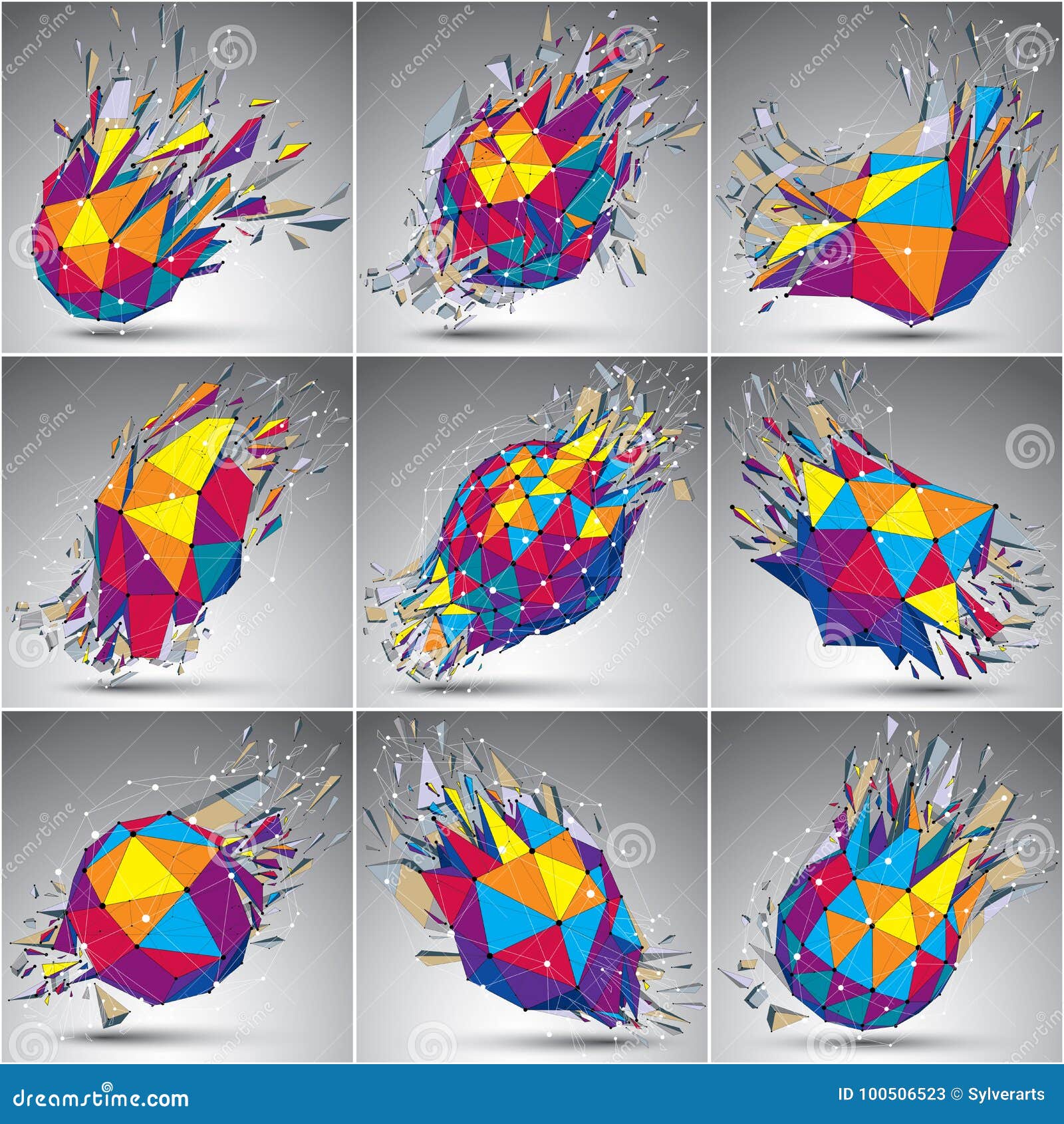 Set of Abstract Colorful Vector Low Poly Wrecked Objects, Black Stock ...