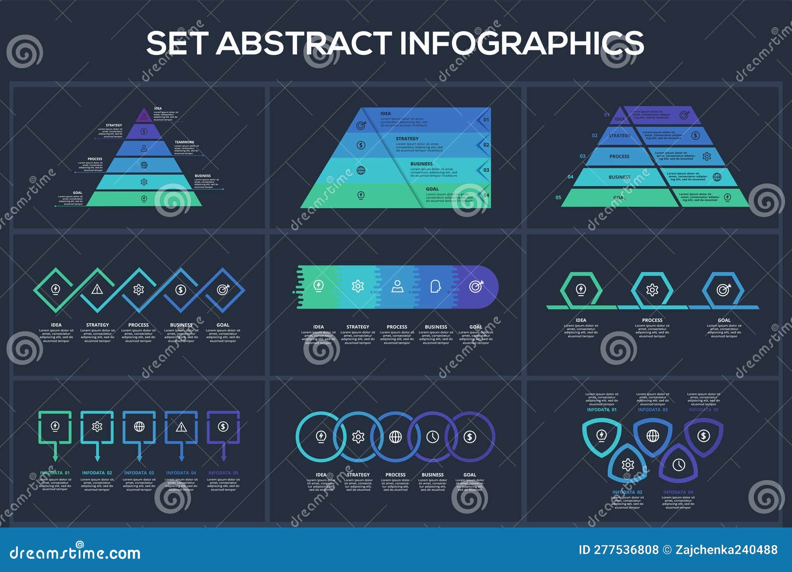 Set Abstract Dark Infographics Elements with 3, 4, 5, 6 Options ...