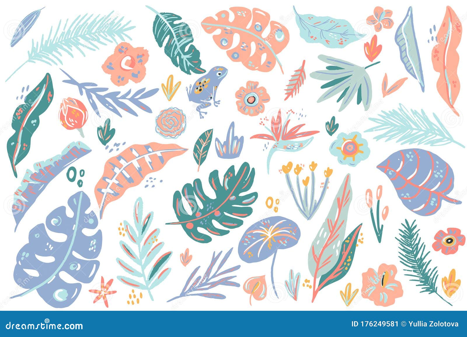 Set of Abstract Doodle Hand Draw Tropical Jungle Leaves. Vector ...