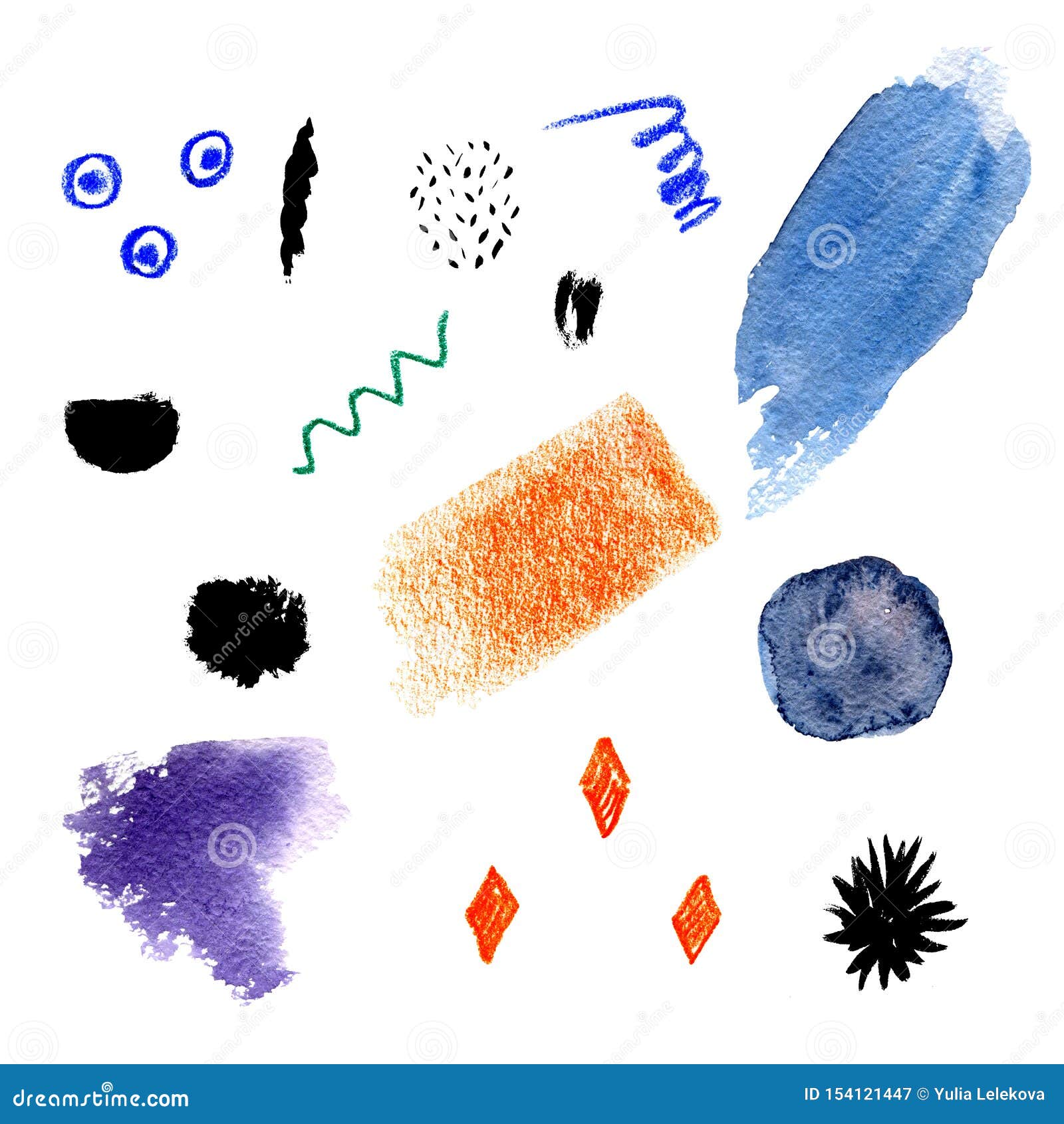 Set of Abstract Elements in Different Hand Drawn Techniques: Watercolor ...
