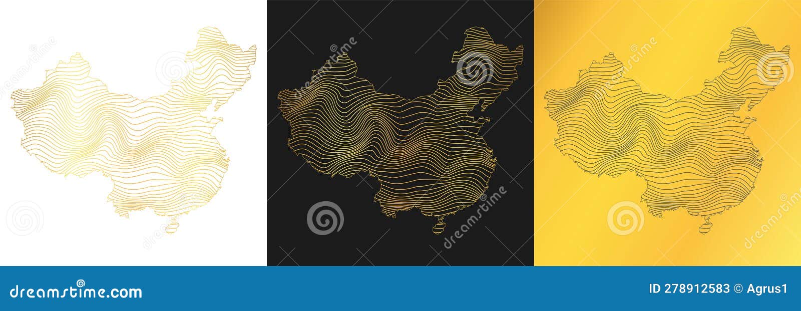 Set of 3 Abstract Maps of China - Vector Illustration of Striped Gold ...