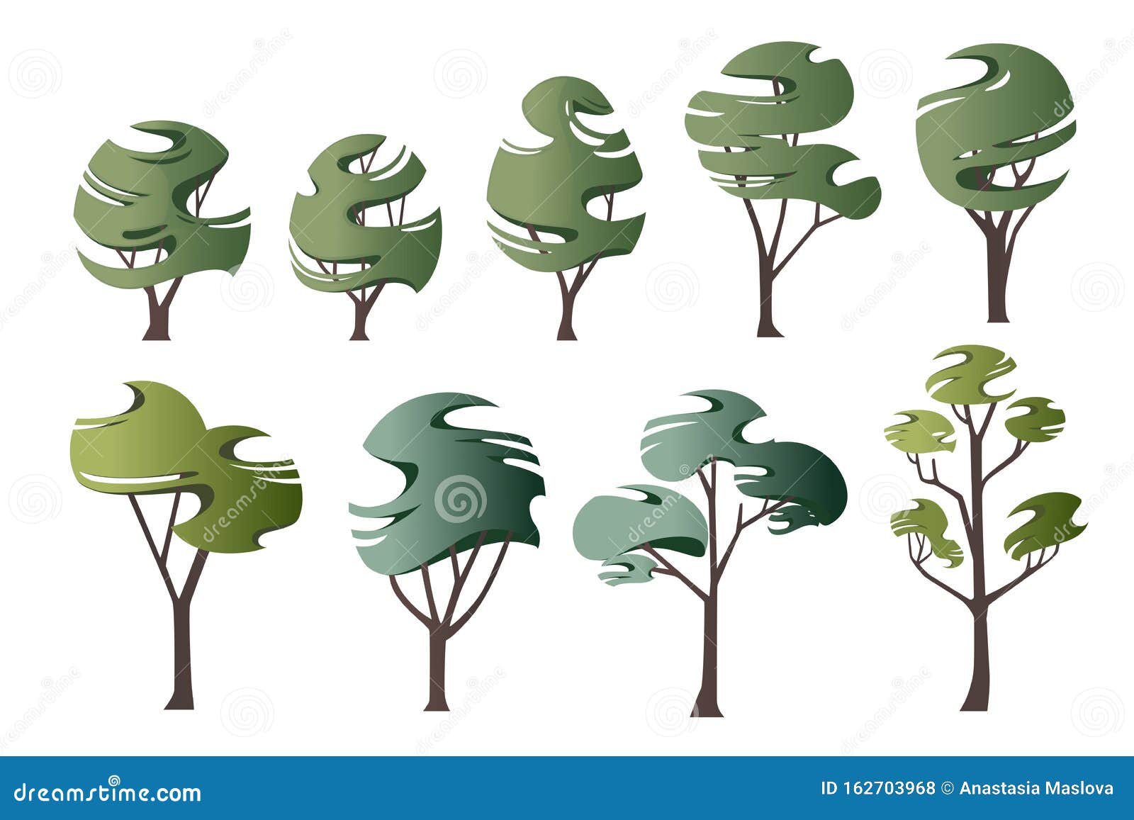 Set of Abstract Modern Stylized Green Trees Flat Vector Illustration ...
