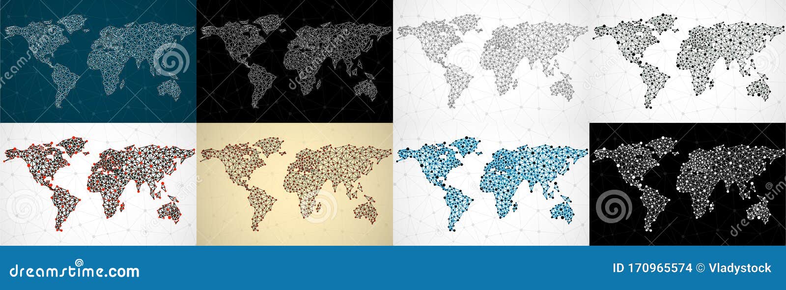 Set of Abstract Polygonal World Maps with Dots and Lines, Network ... Set of Abstract Polygonal World Maps with Dots and Lines, Network ...
