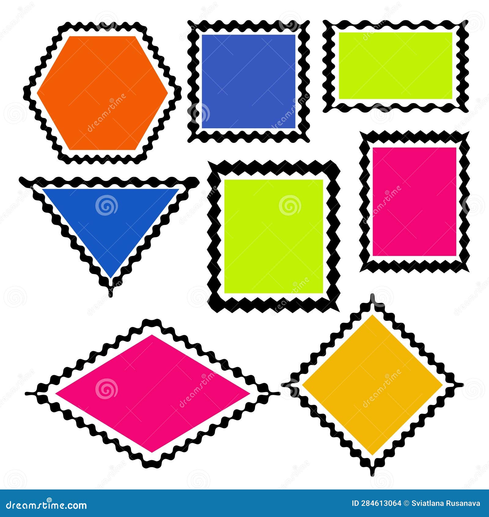 A Set of Abstract Postage Stamps in a Bright Color Scheme and a Black ...