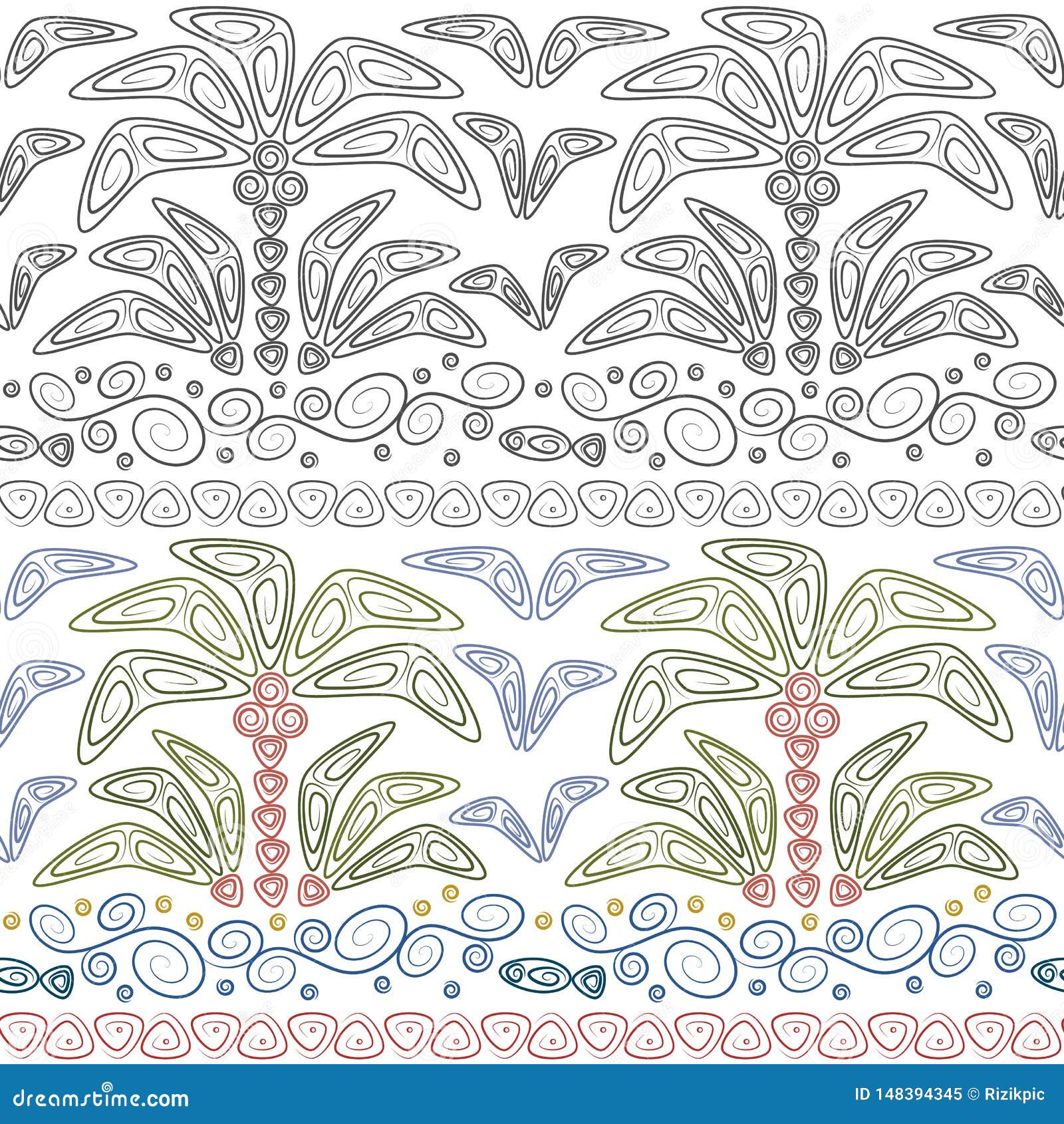 Set of Abstract Seamless Patterns with Palms and Waves. Tropical ...