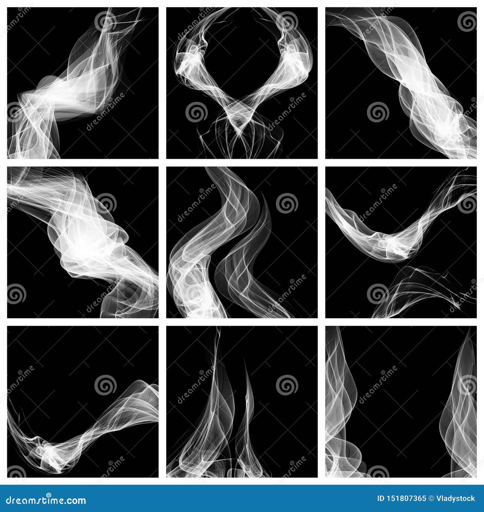Set of Abstract Smoke Isolated on Black Background Stock Vector ...