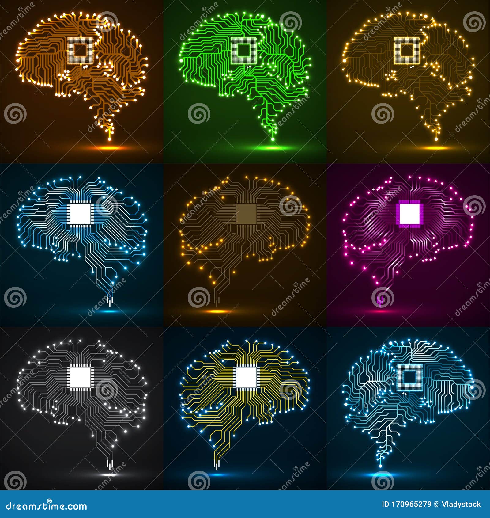 Set of Abstract Technological Glowing Brain. Cpu Stock Vector ...