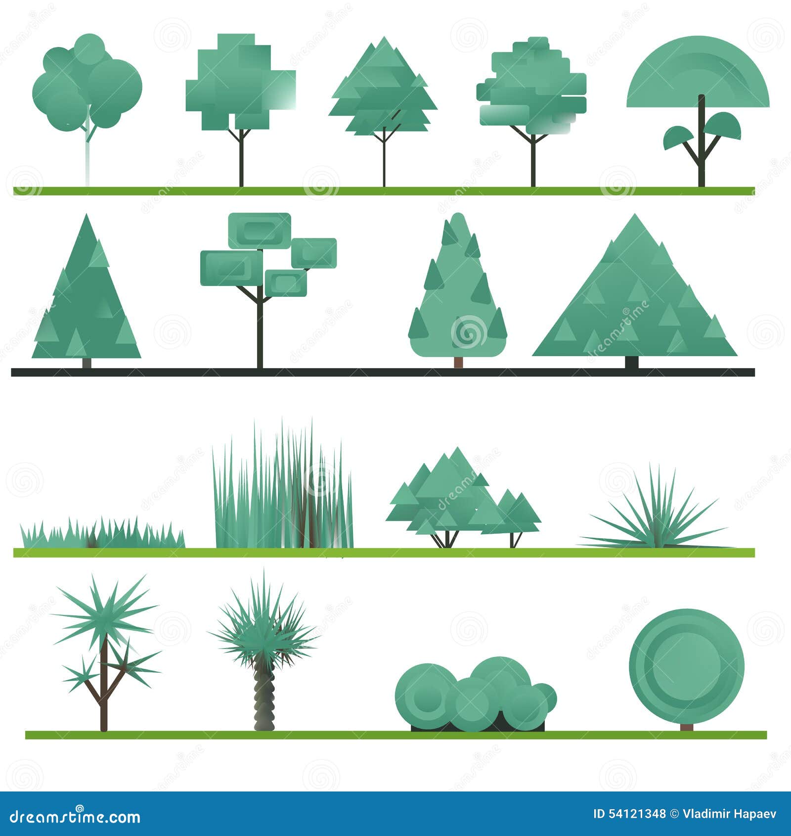 Set of Abstract Trees, Shrubs, Grass on a White Stock Vector ...