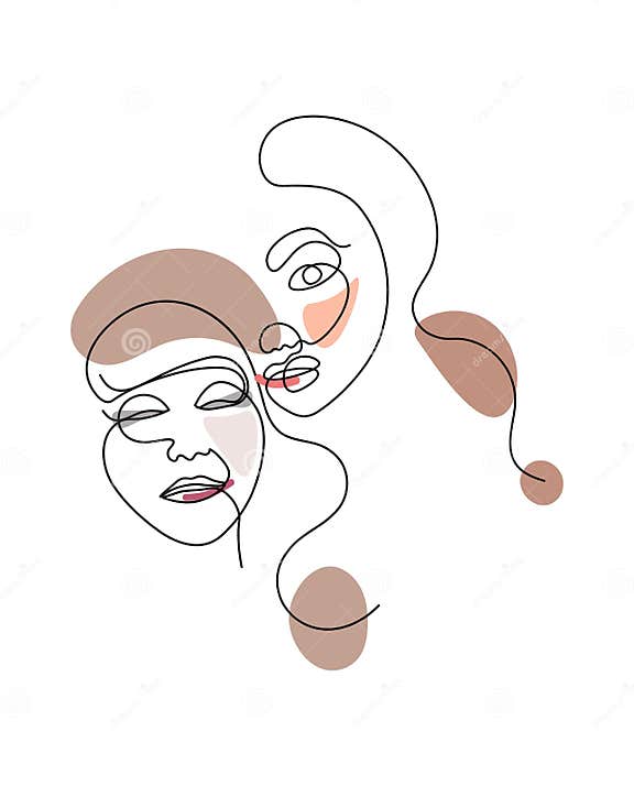 Set Of Abstract Two Women Face One Line Drawing Portrait Minimalistic