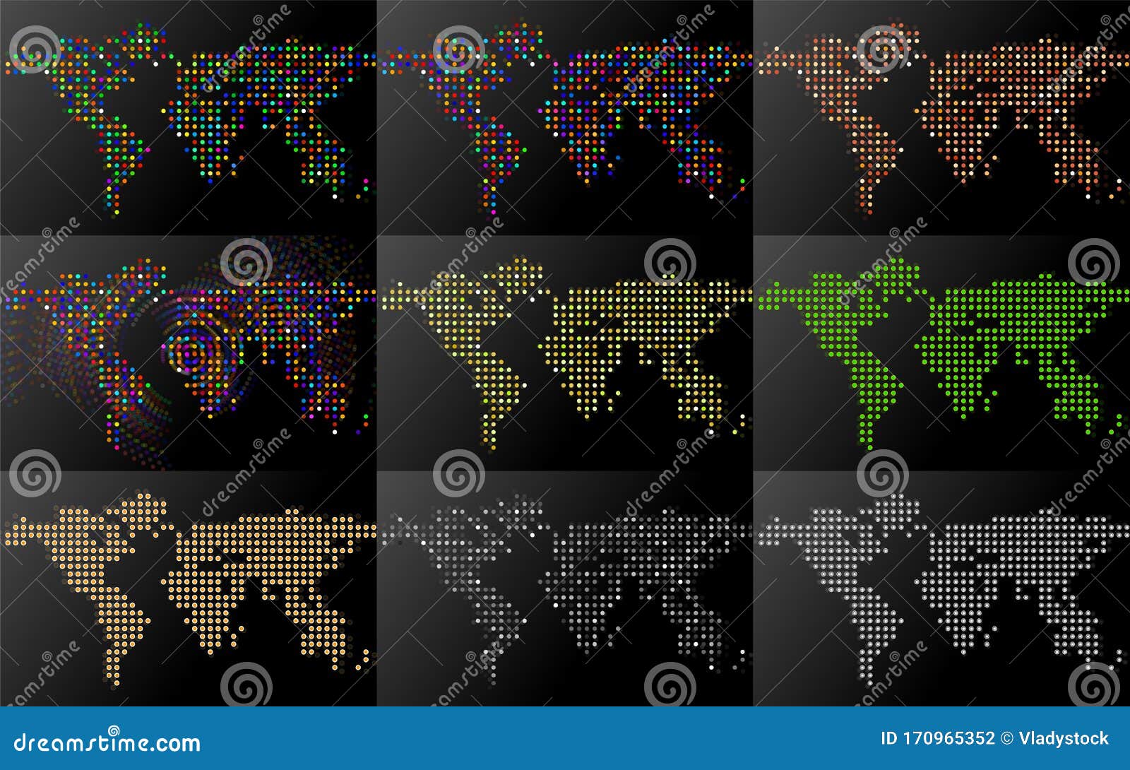 Set of Abstract World Maps with Dots on Black Background Stock Vector ...