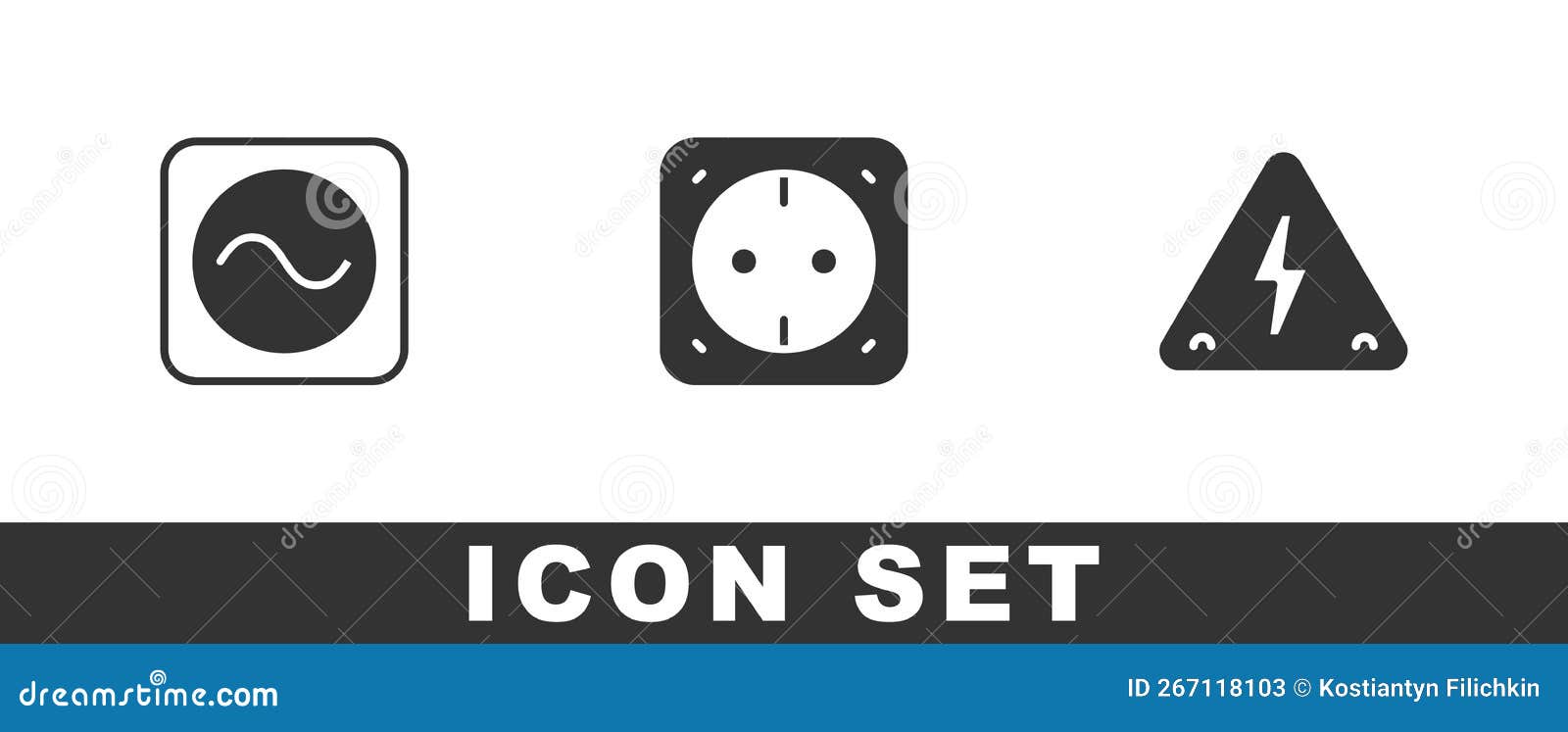 Set AC Voltage Source, Electrical Outlet and High Icon. Vector Stock ...